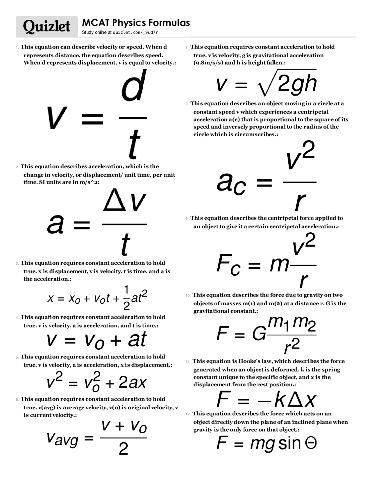 Mcat Physics Equation Sheet Tessshebaylo