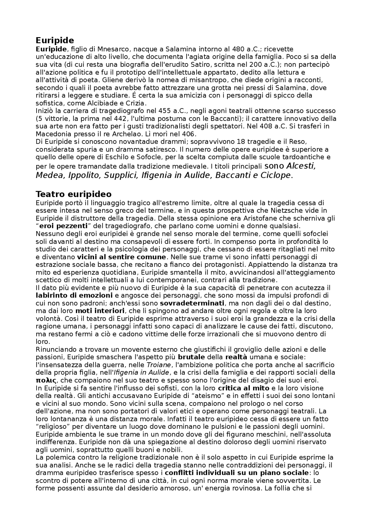 Vita E Opere Di Euripide E Tratti Delle Baccanti Docsity