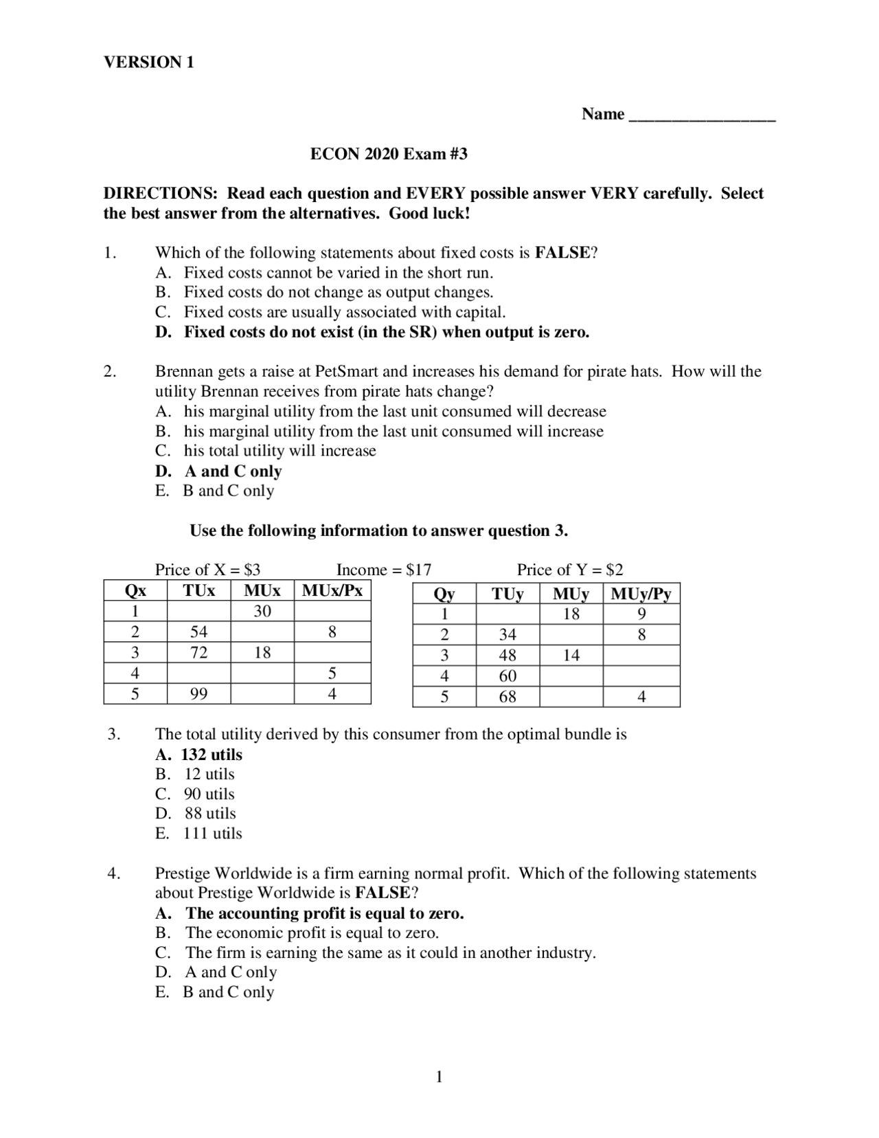 Exam 23 Answer Key Principles Of Microeconomics Econ 2020 Docsity