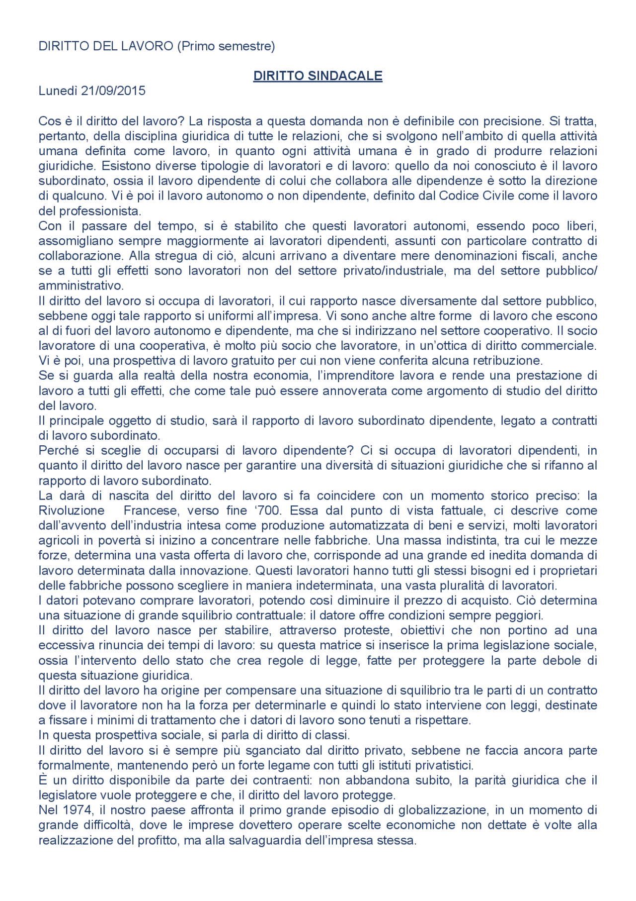 Appunti Diritto Sindacale Prof Mainardi Primo Semestre Unico Docsity