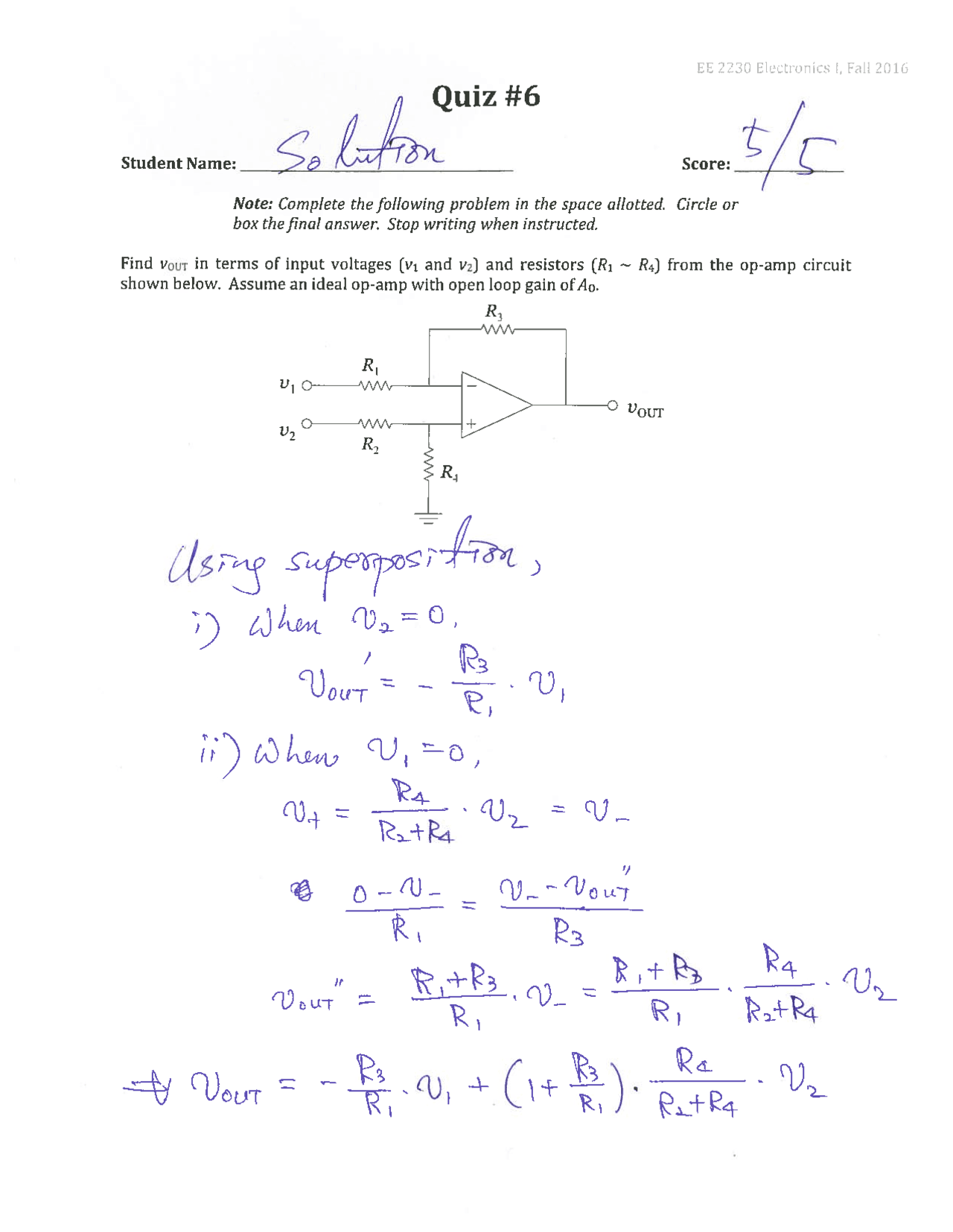 Solution Of Quiz On Ideal Operational Amplifier Ee 2230 Docsity