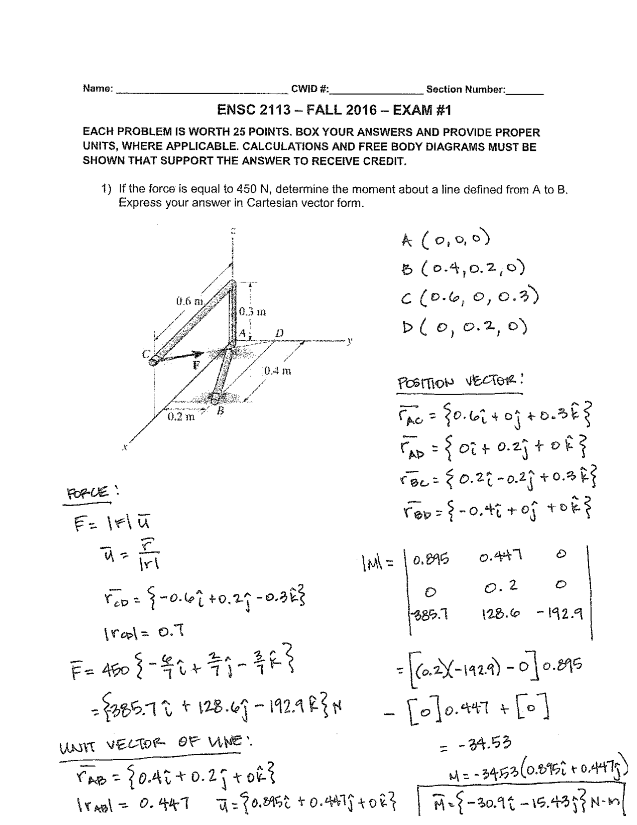 Exam 1 Questions Force Vector Statics Ensc 2113 Docsity