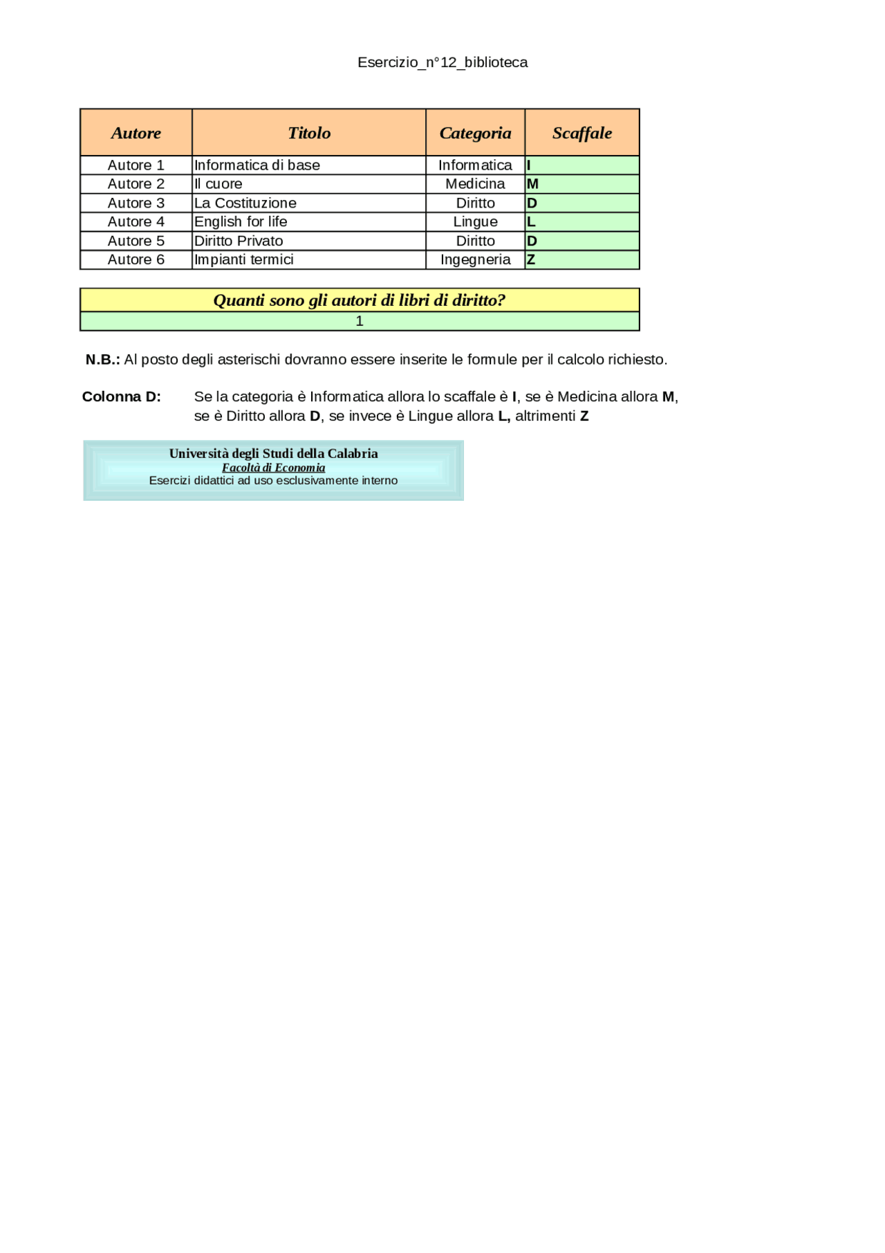 Informatica Esercizi Excel Docsity
