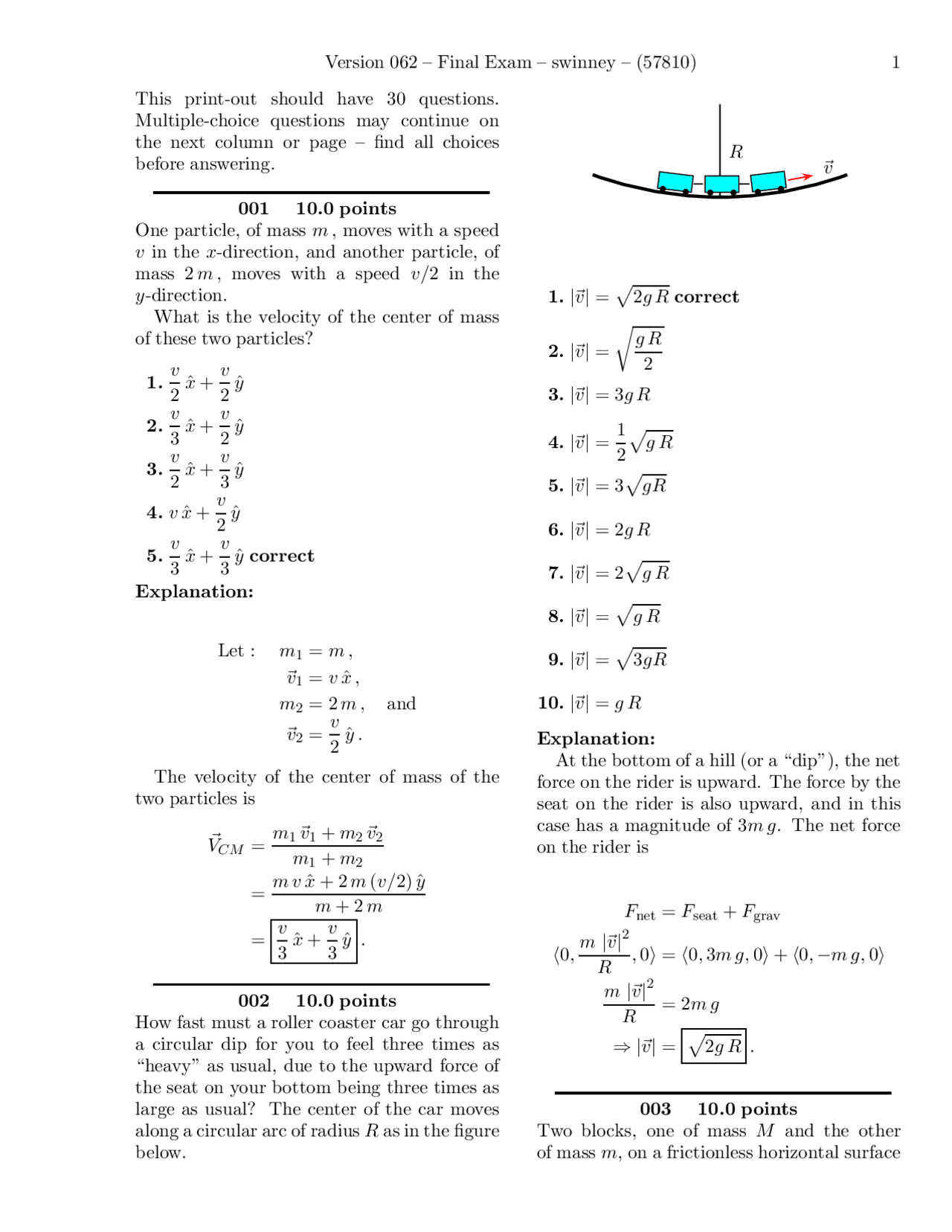 Final Exam Problems Engineering Physics I Phy 303k Docsity