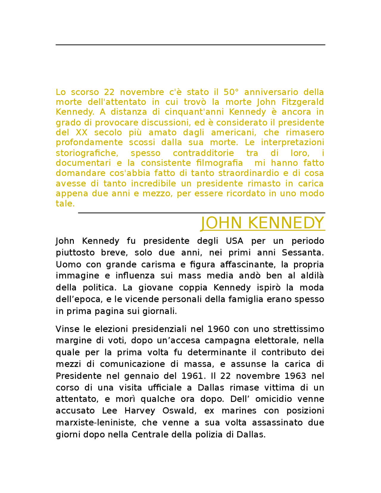 More than JFK - Oltre JFK | Essays (high school) of History | Docsity