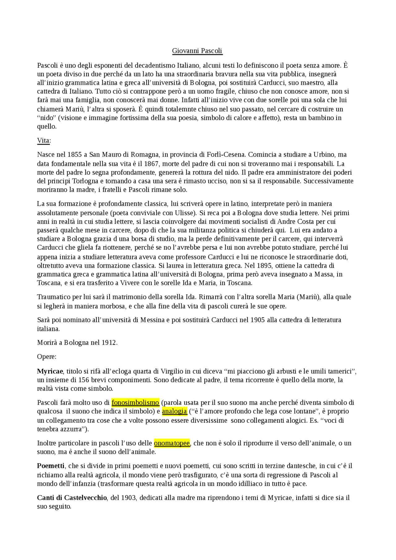 Sintesi Di Giovanni Pascoli Docsity