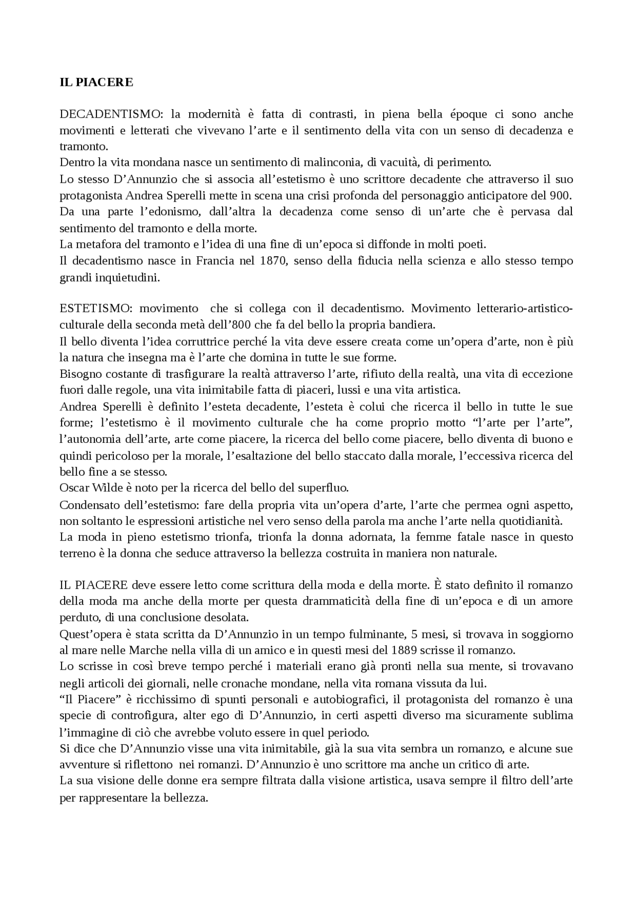 Il Piacere Gabriele Dannunzio Docsity