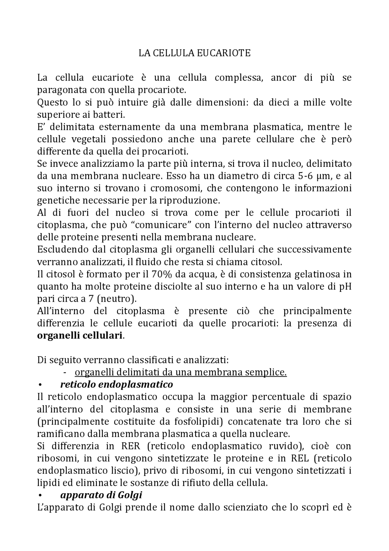 Appunti Cellula Eucariote Docsity
