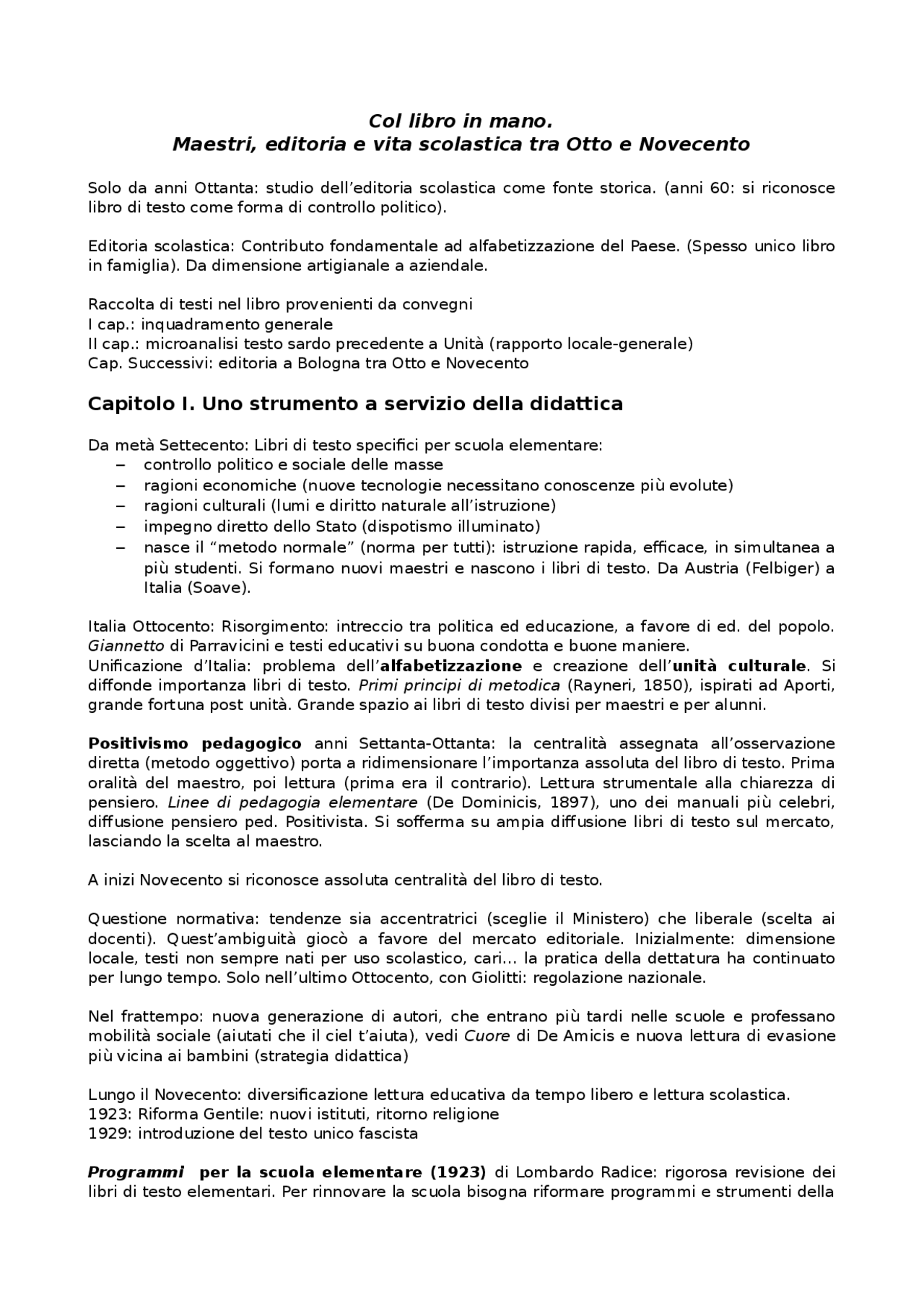 Col Libro In Mano Riassunto Docsity
