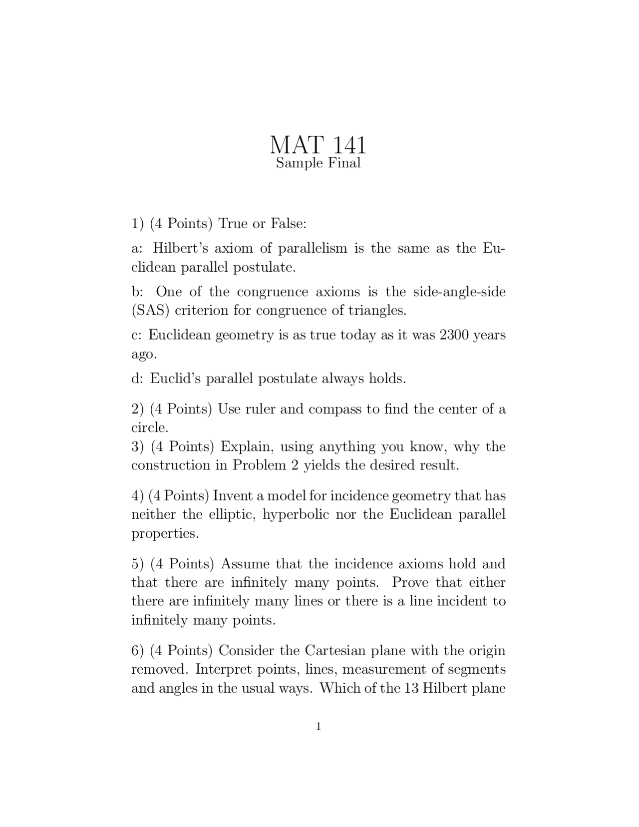 Euclidean Geometrysample Final Exercises Analytical Geometry And