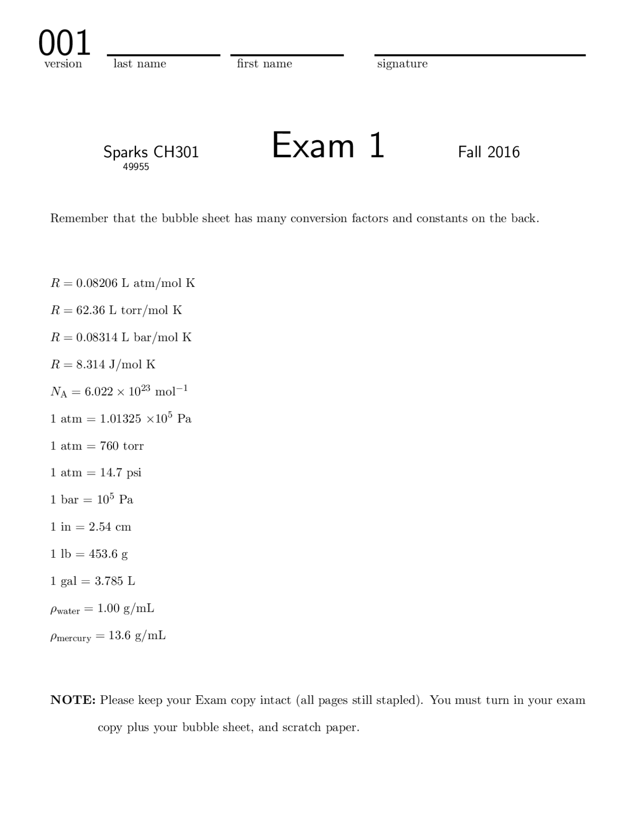 Exam 1 Problem Set For Principles Of Chemistry Ch 301 Exams
