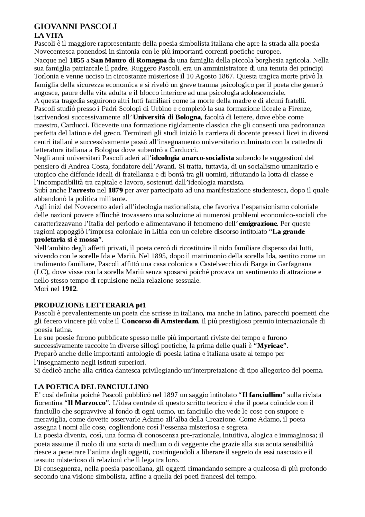 Vita E Opere Pascoli Docsity