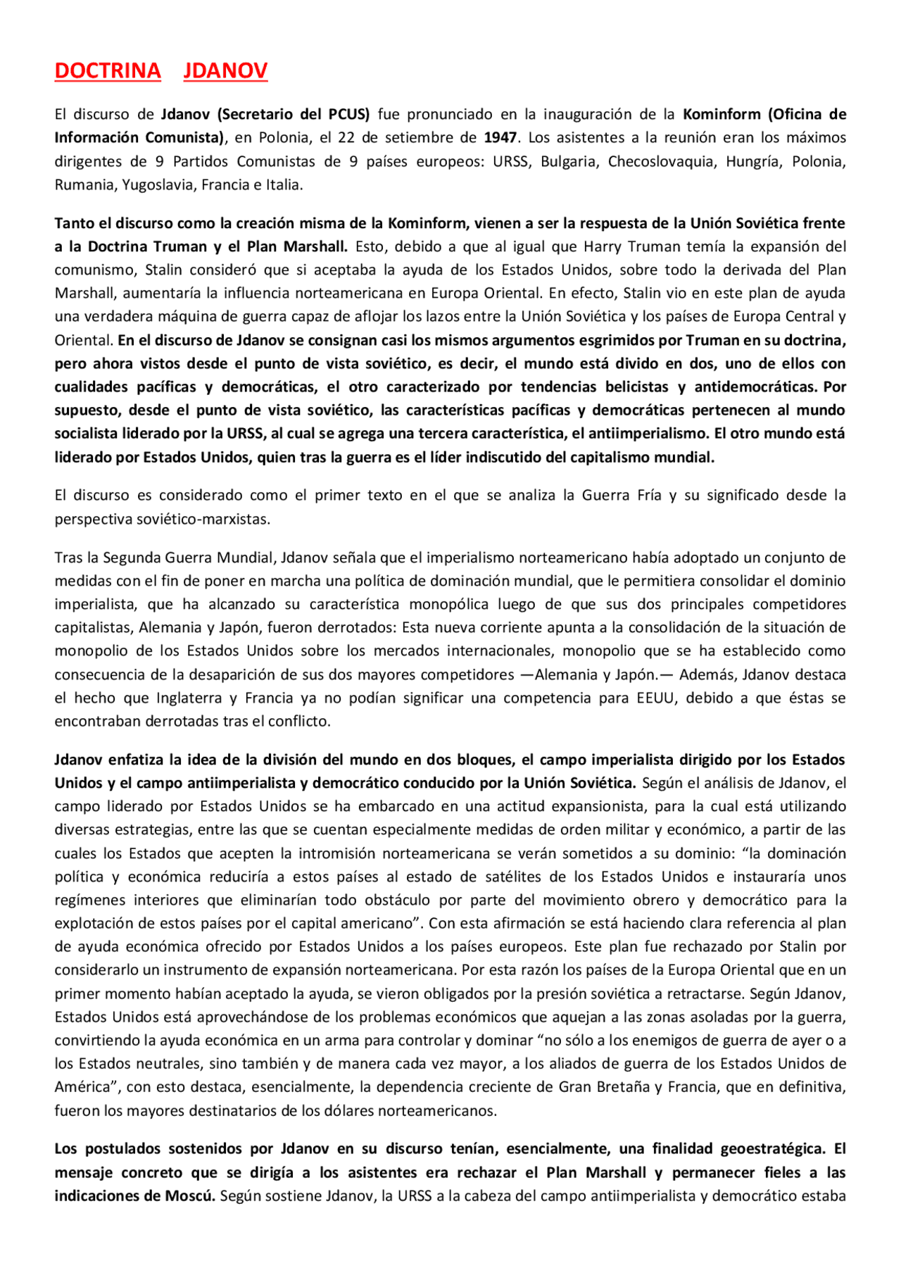 Doctrina Jdanov, Guerra Fria | Apuntes de Historia - Docsity