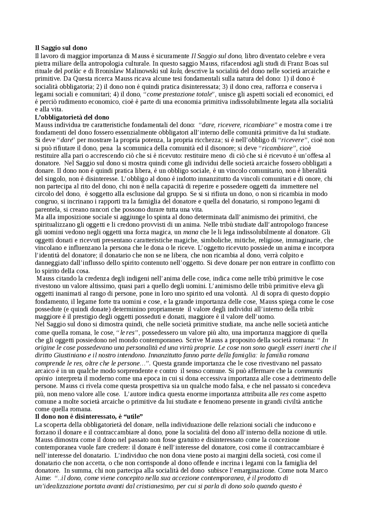 Saggio Sul Dono E Sulle Tecniche Del Corpo Riassunto Mauss Docsity
