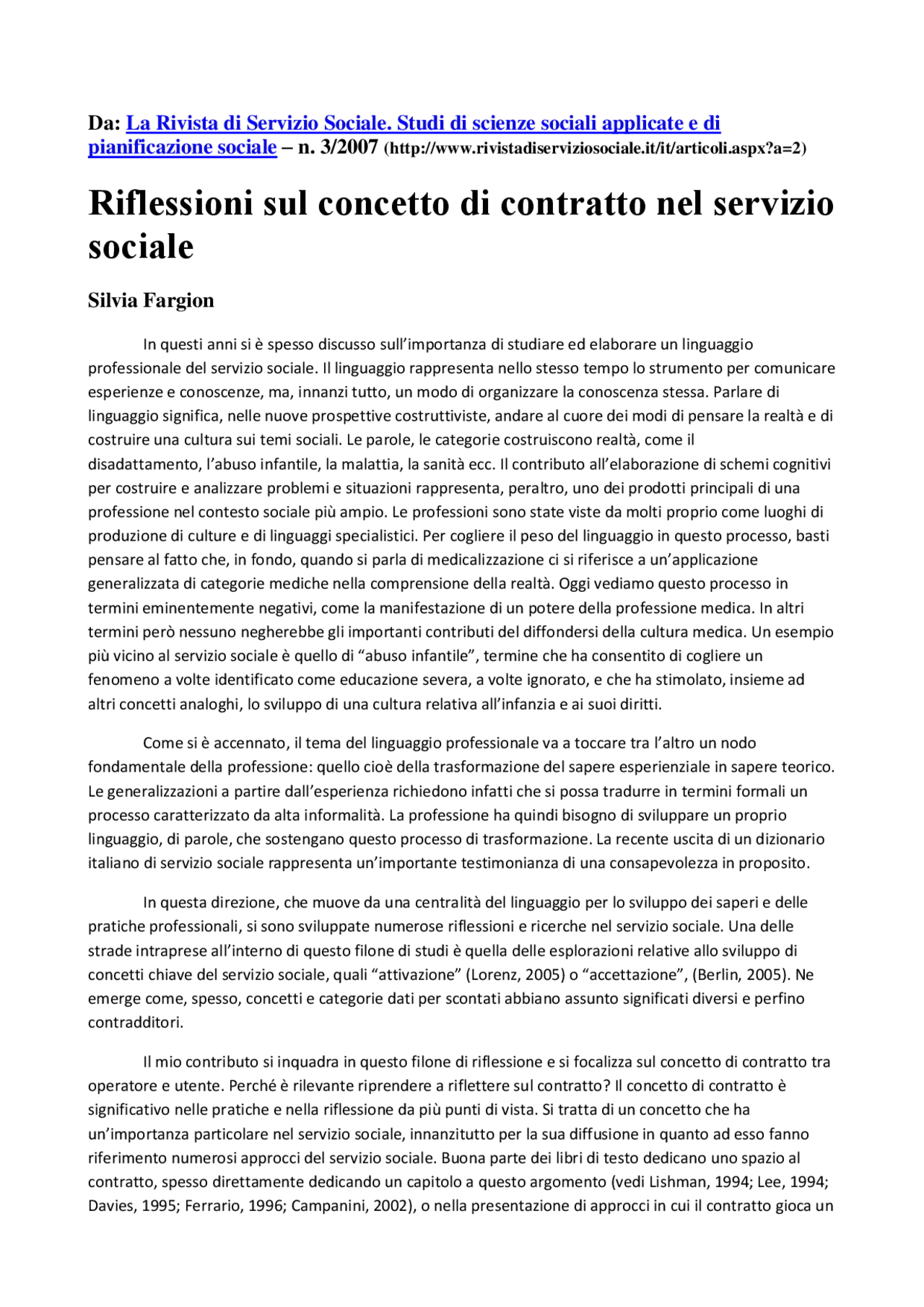 Riflessioni Sul Concetto Di Contratto Nel Servizio Sociale Fargion