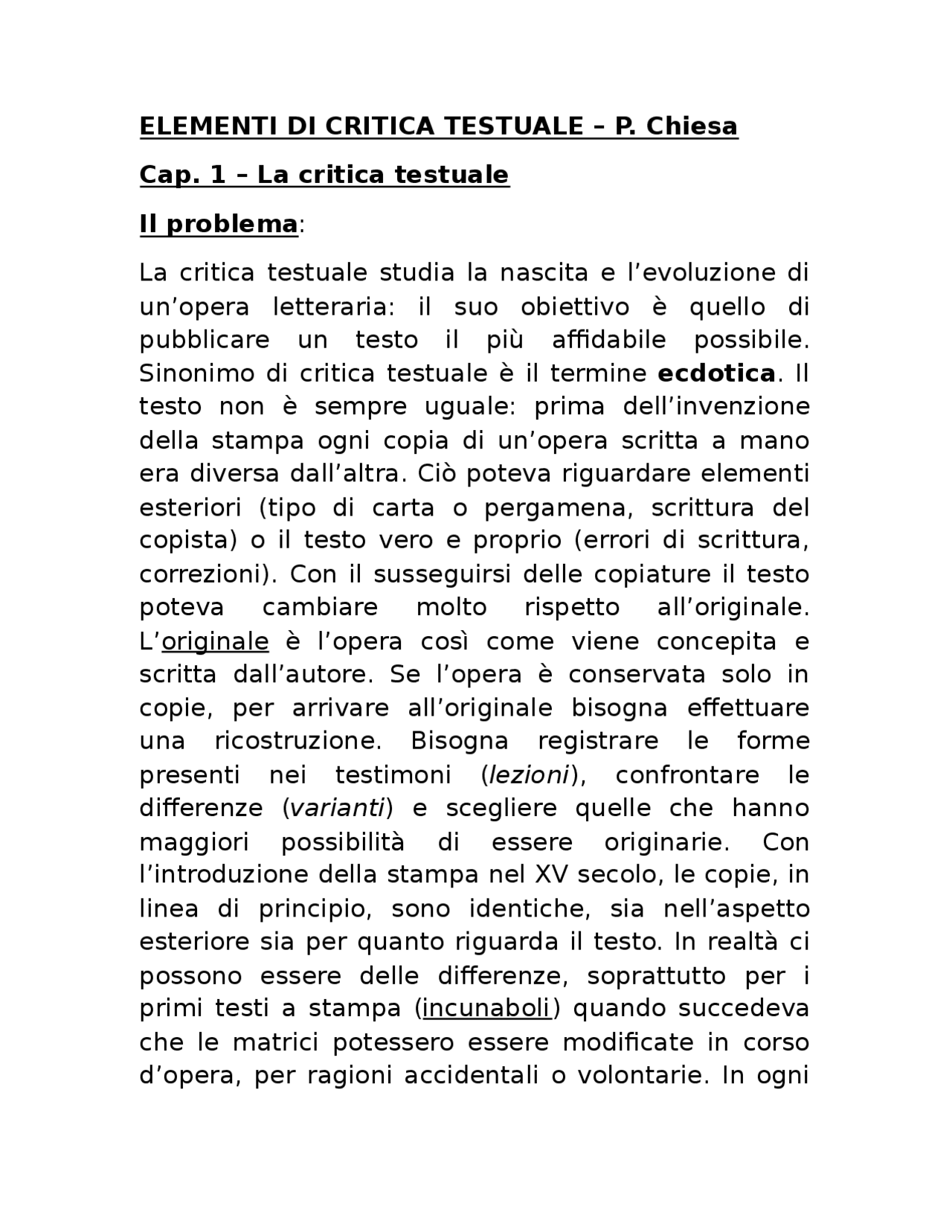 Elementi Di Critica Testuale Prof Chiesa Docsity