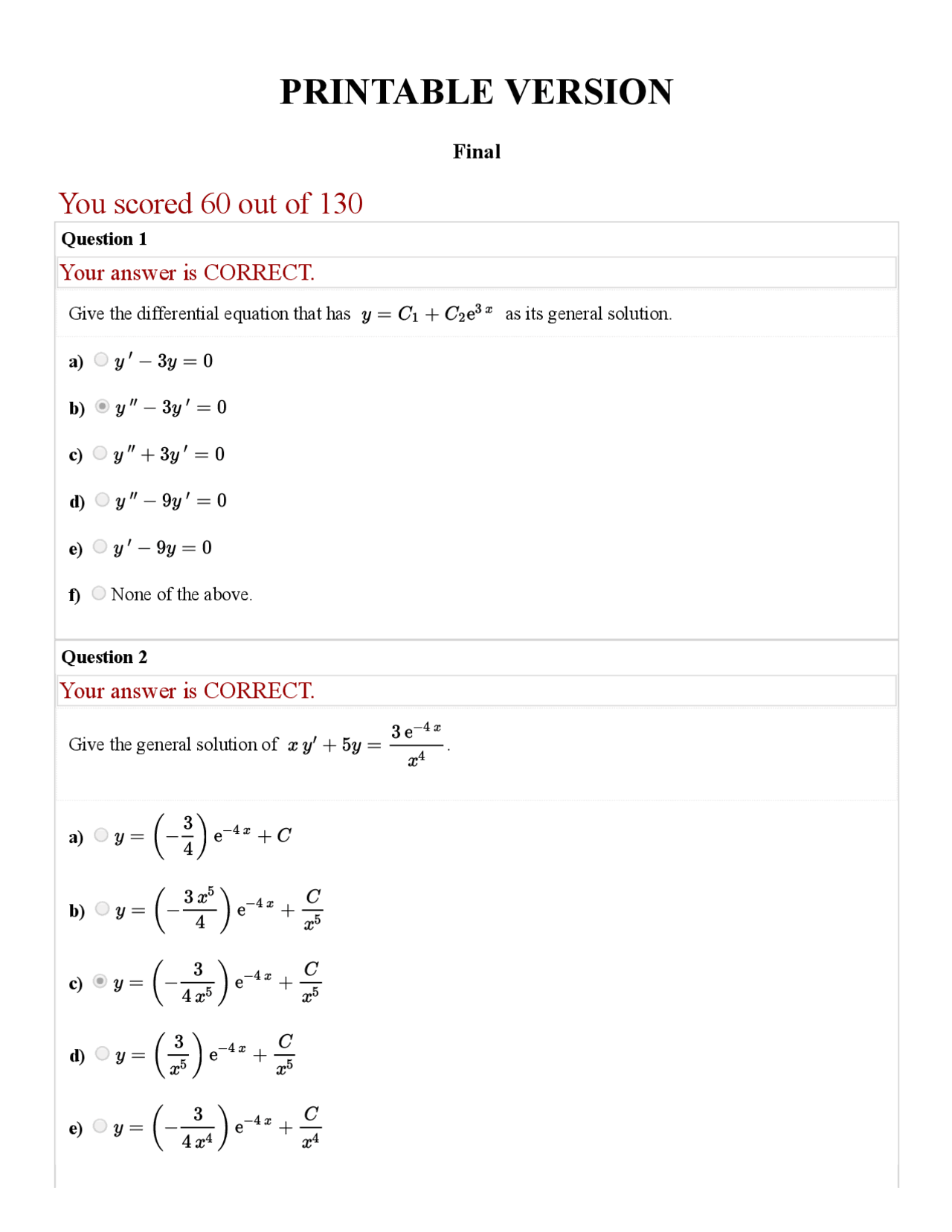 Final Exam Solution Engineering Mathematics Math 3321 Docsity