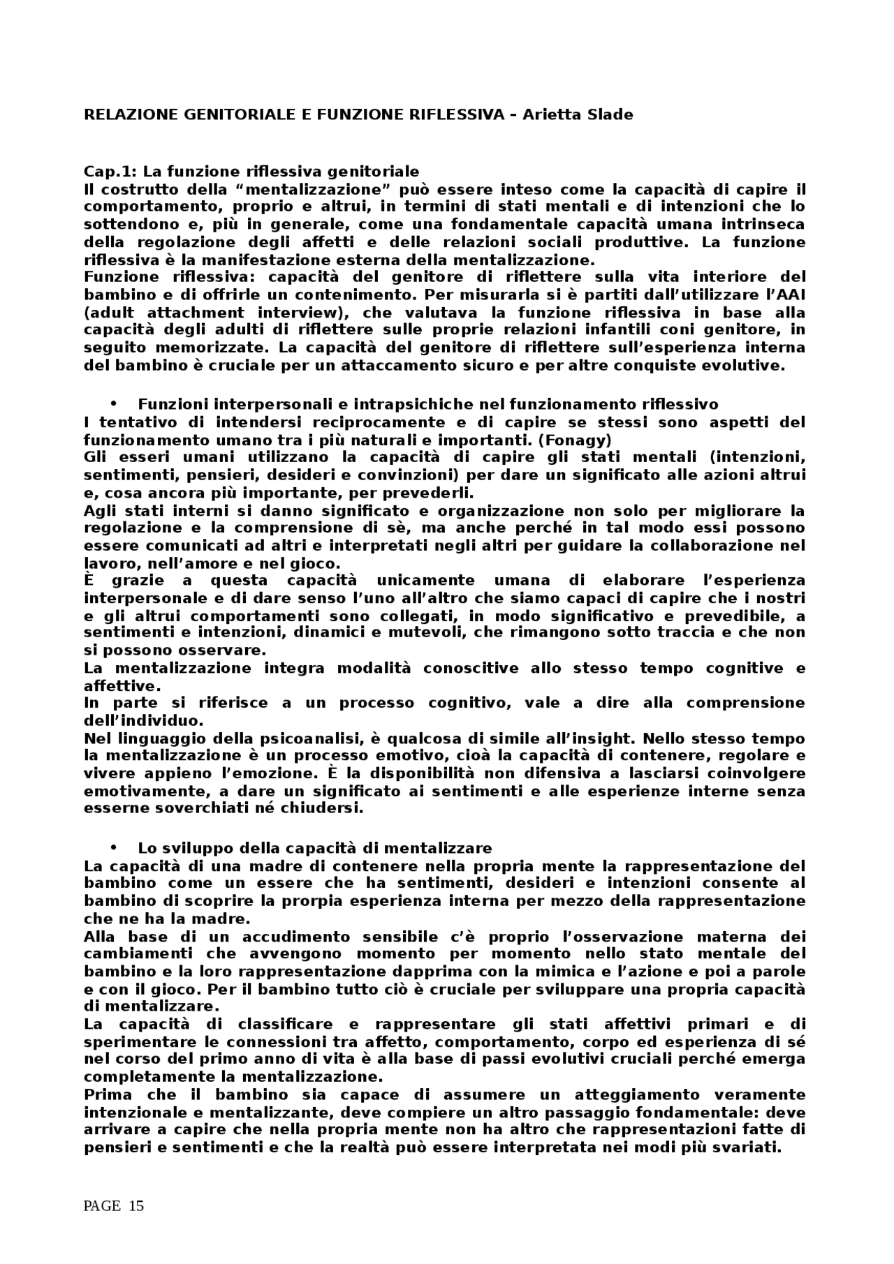 Riassunto Relazione Genitoriale E Funzione Riflessiva Prove Desame
