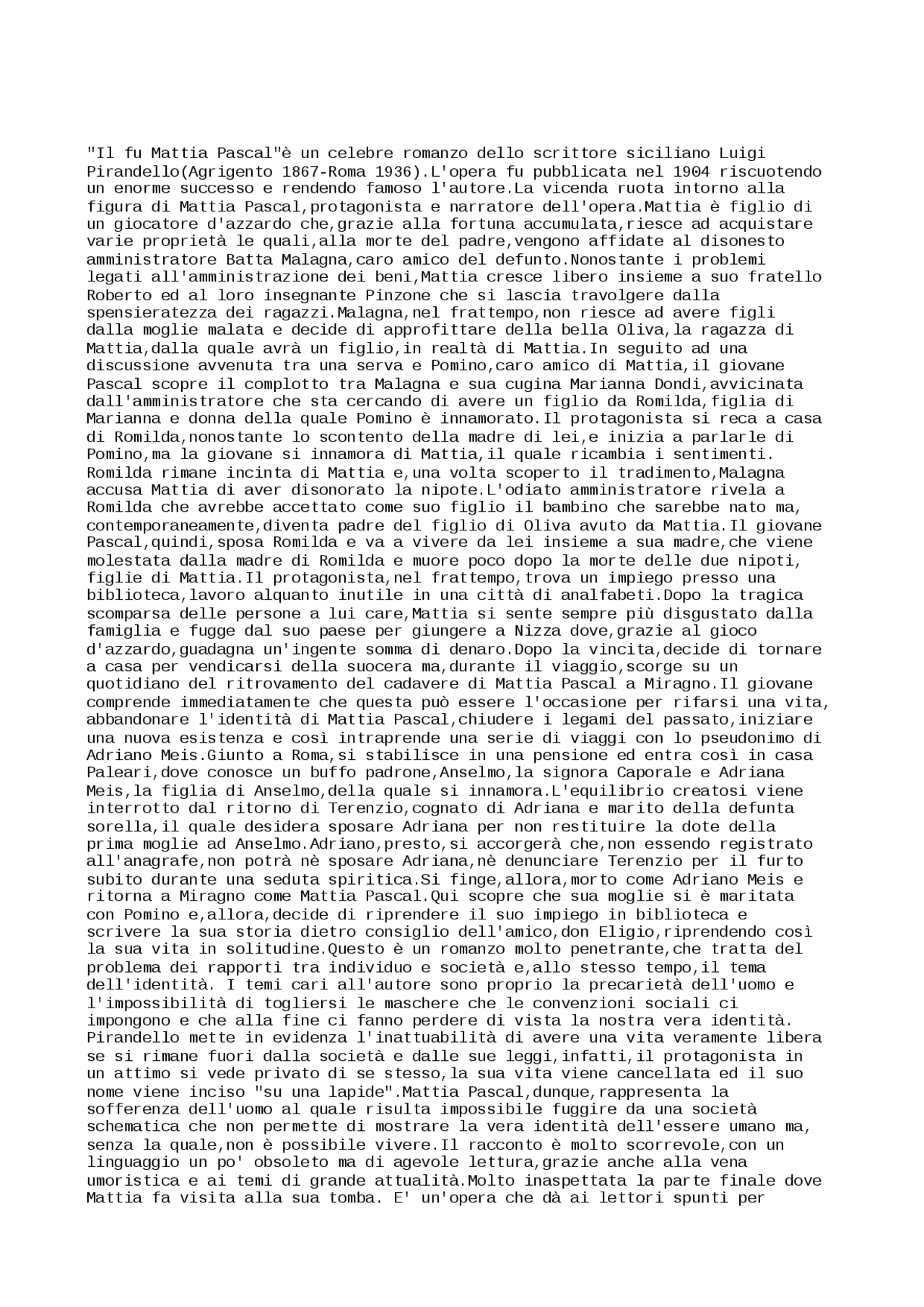 Il Fu Mattia Pascal Relazione Docsity