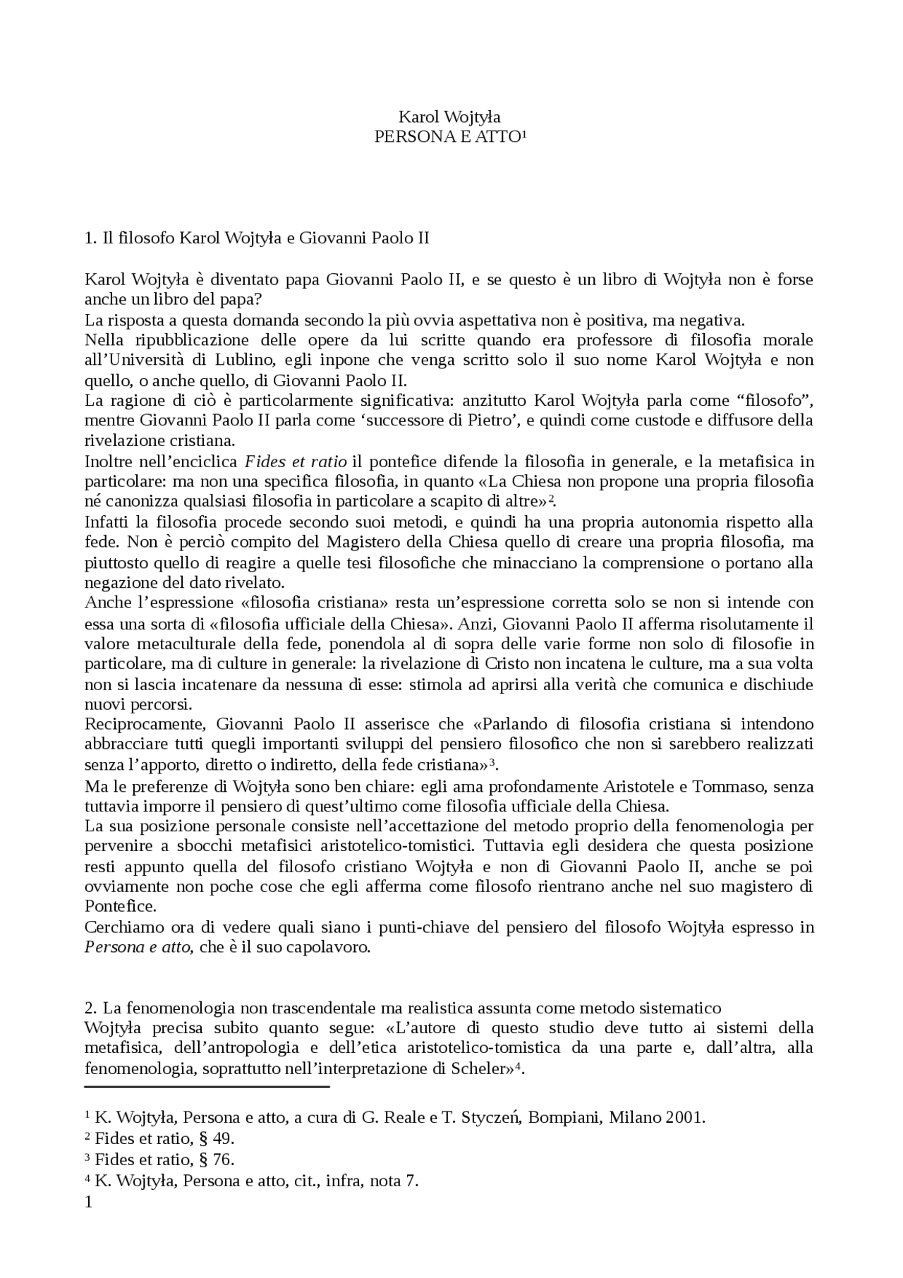 Schema Riassuntivo Persona E Atto Karol Wojtyla Docsity