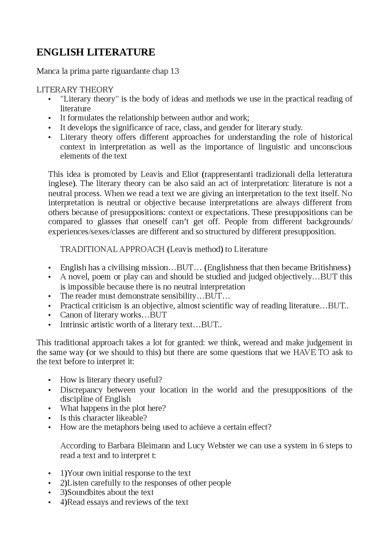 ENGLISH LITERATURE I | Study notes of English Literature | Docsity