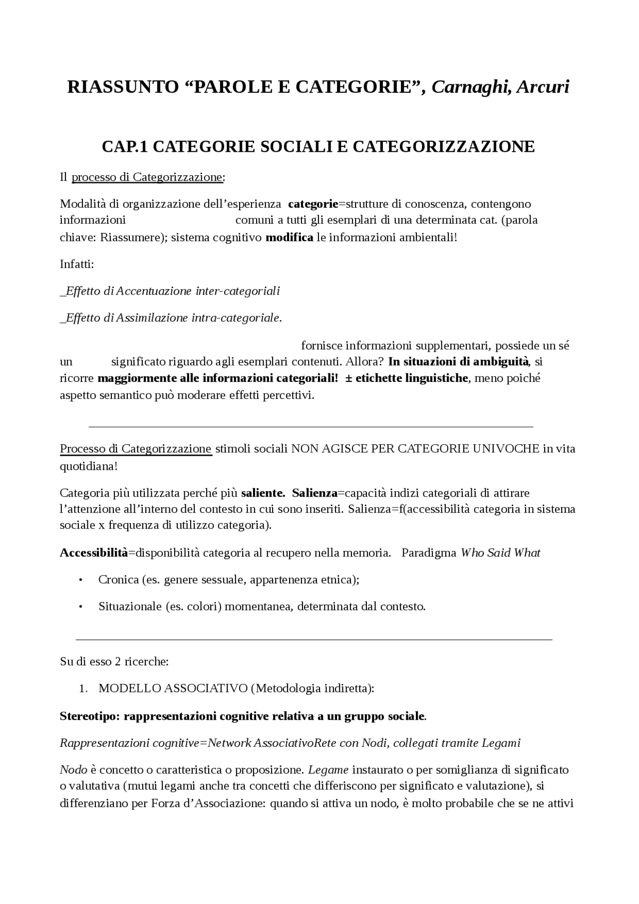 Riassunto Parole E Categorie Docsity