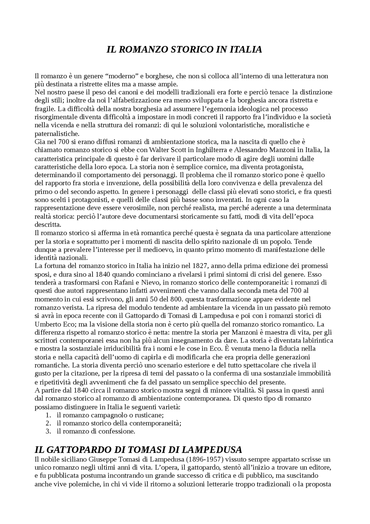 Il romanzo storico in Italia | Appunti di Letteratura Italiana | Docsity