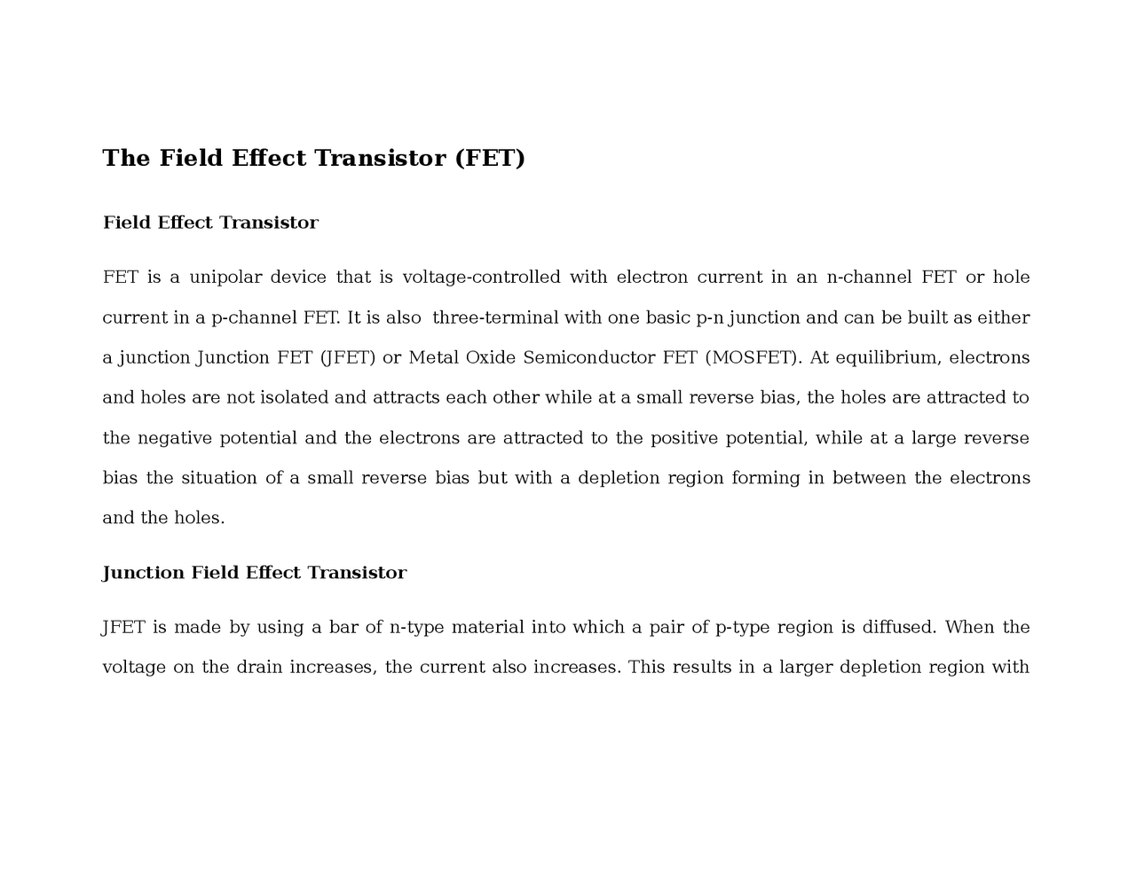 Brief Summarry Of Field Effect Transistor Docsity