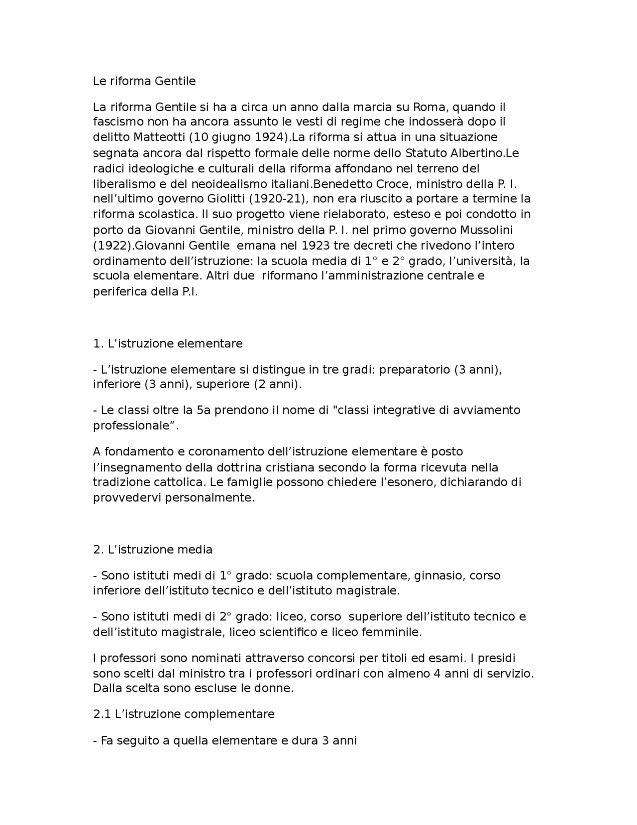 La Riforma Gentile E I Suoi Cambiamenti Docsity