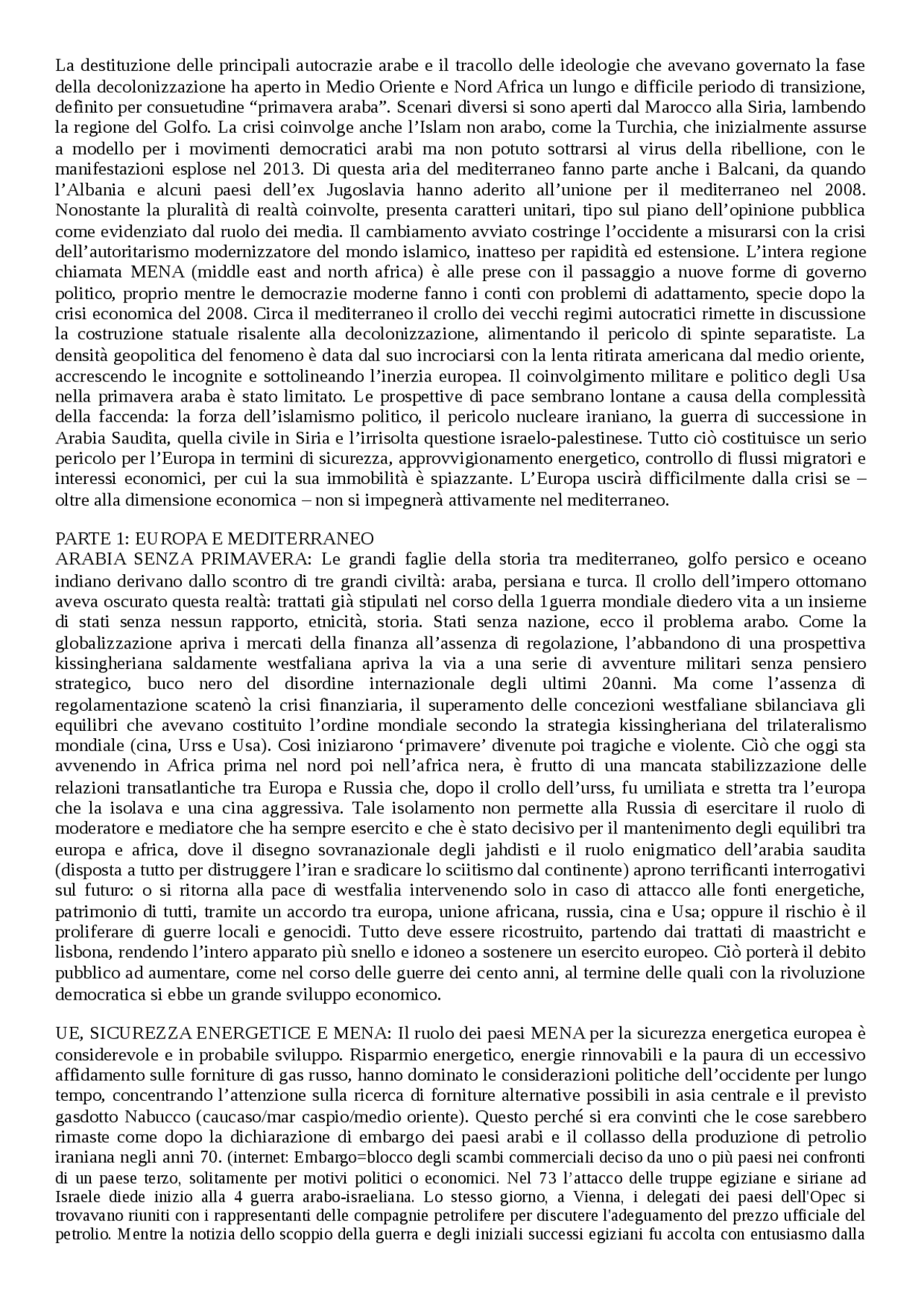 Il mediterraneo dopo la primavera araba - gianluca sadun bordoni - Docsity