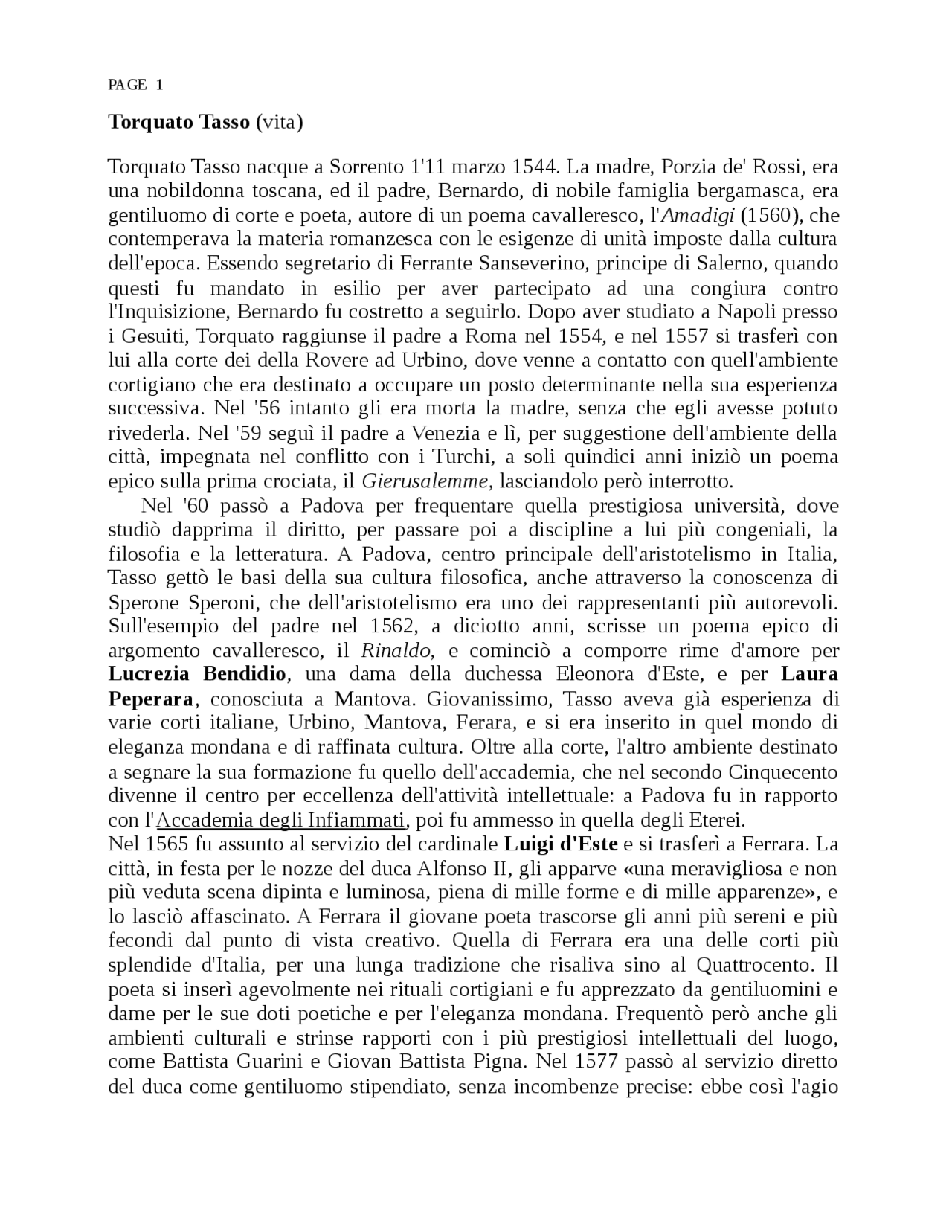 Vita Di Torquato Tasso Docsity