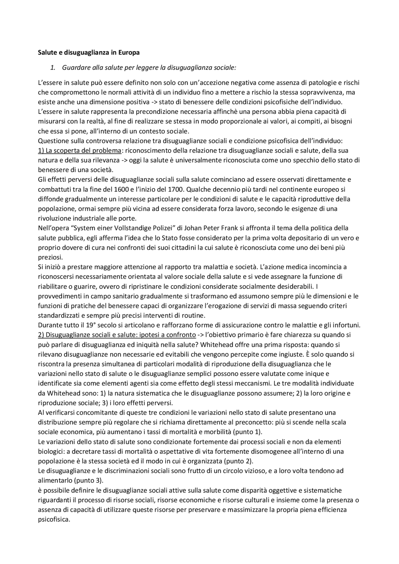 Salute E Disuguaglianza In Europa Docsity