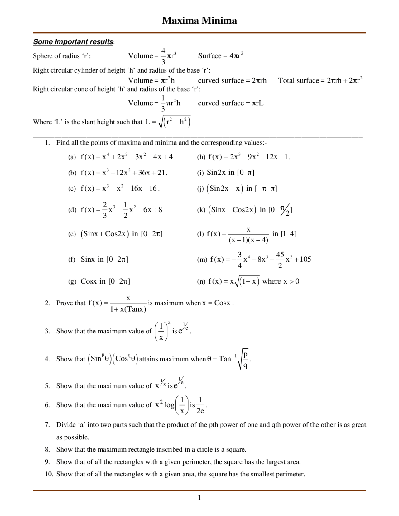 Maxima And Minima For One Variable Docsity