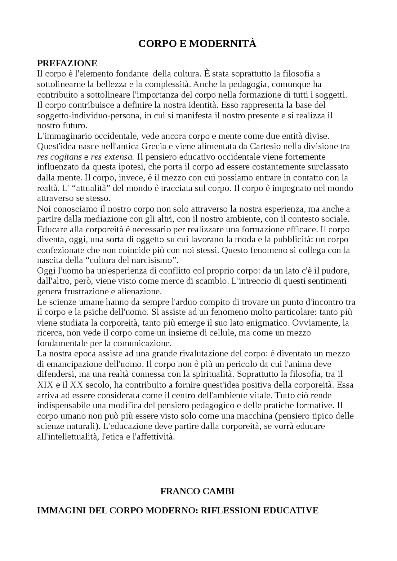 Riassunto Di Corpo E Modernità Sintesi Del Corso Di Scienze Motorie