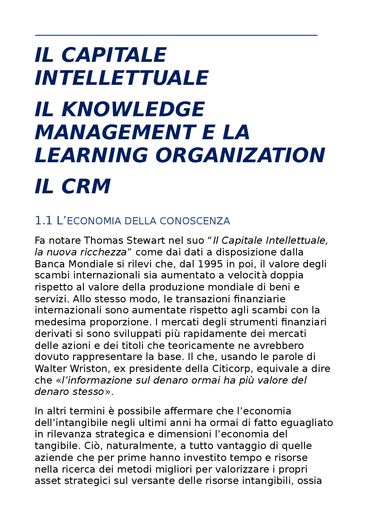 IL CAPITALE INTELLETTUALE. IL KNOWLEDGE MANAGEMENT E LA LEARNING ORGANIZATION IL CRM - Docsity