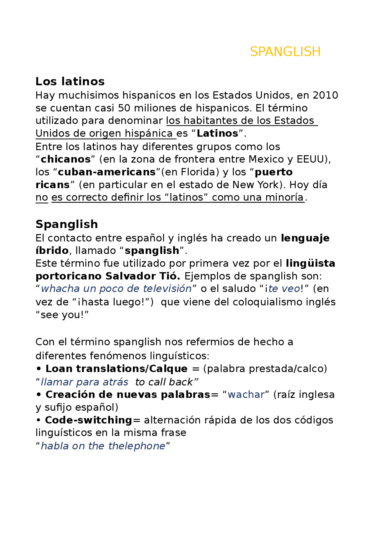 Spanglish - definición y ejemplos - Docsity