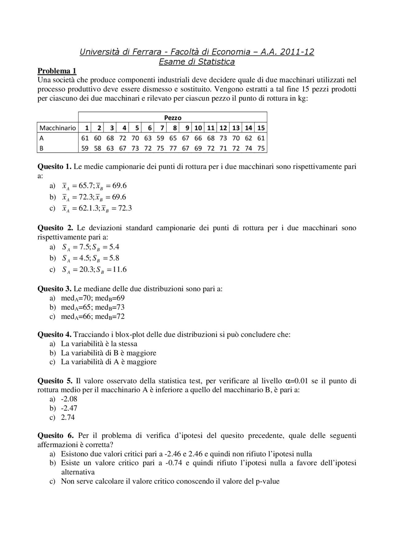 Esercitazioni In Preparazione Allesame Di Statistica Esercizi Svolti