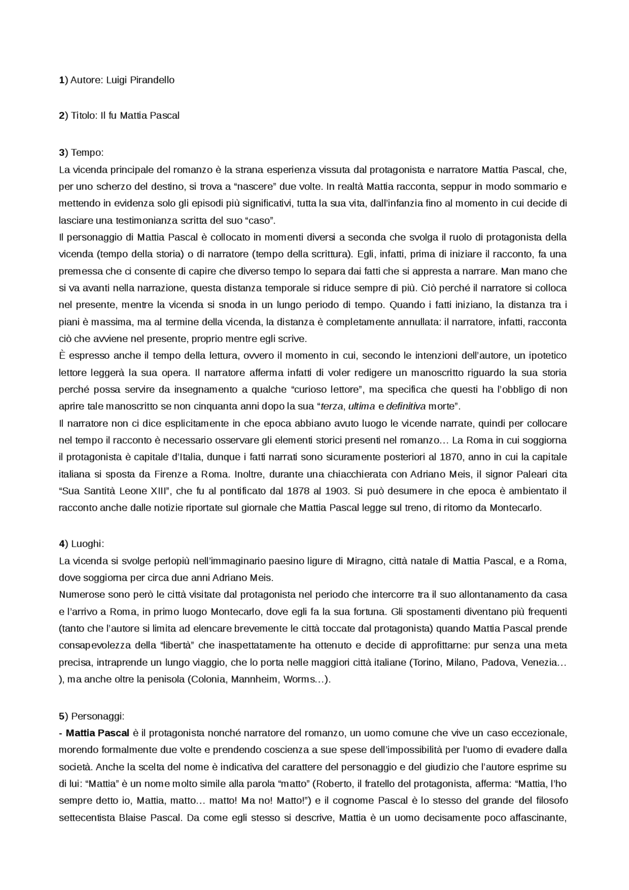 Analisi Testuale Del Romanzo Il Fu Mattia Pascal Docsity