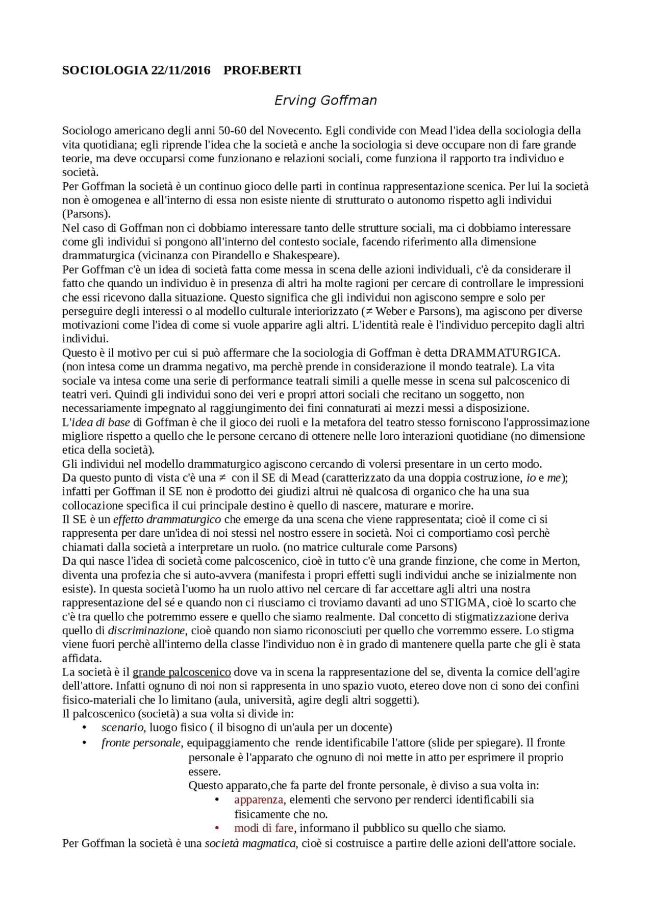 Appunti Su Erving Goffman Docsity
