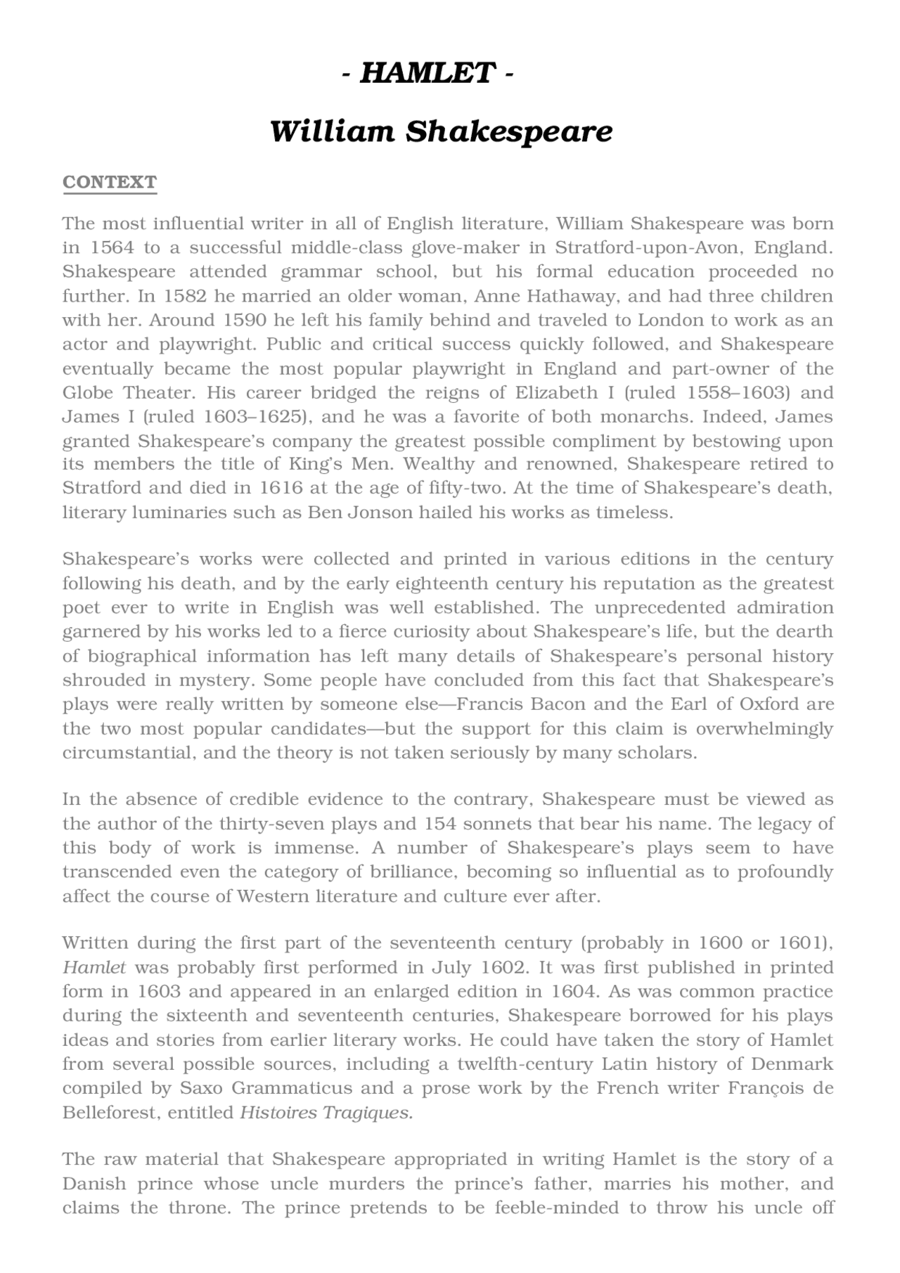 William Shakespeare "Hamlet" in english - Docsity