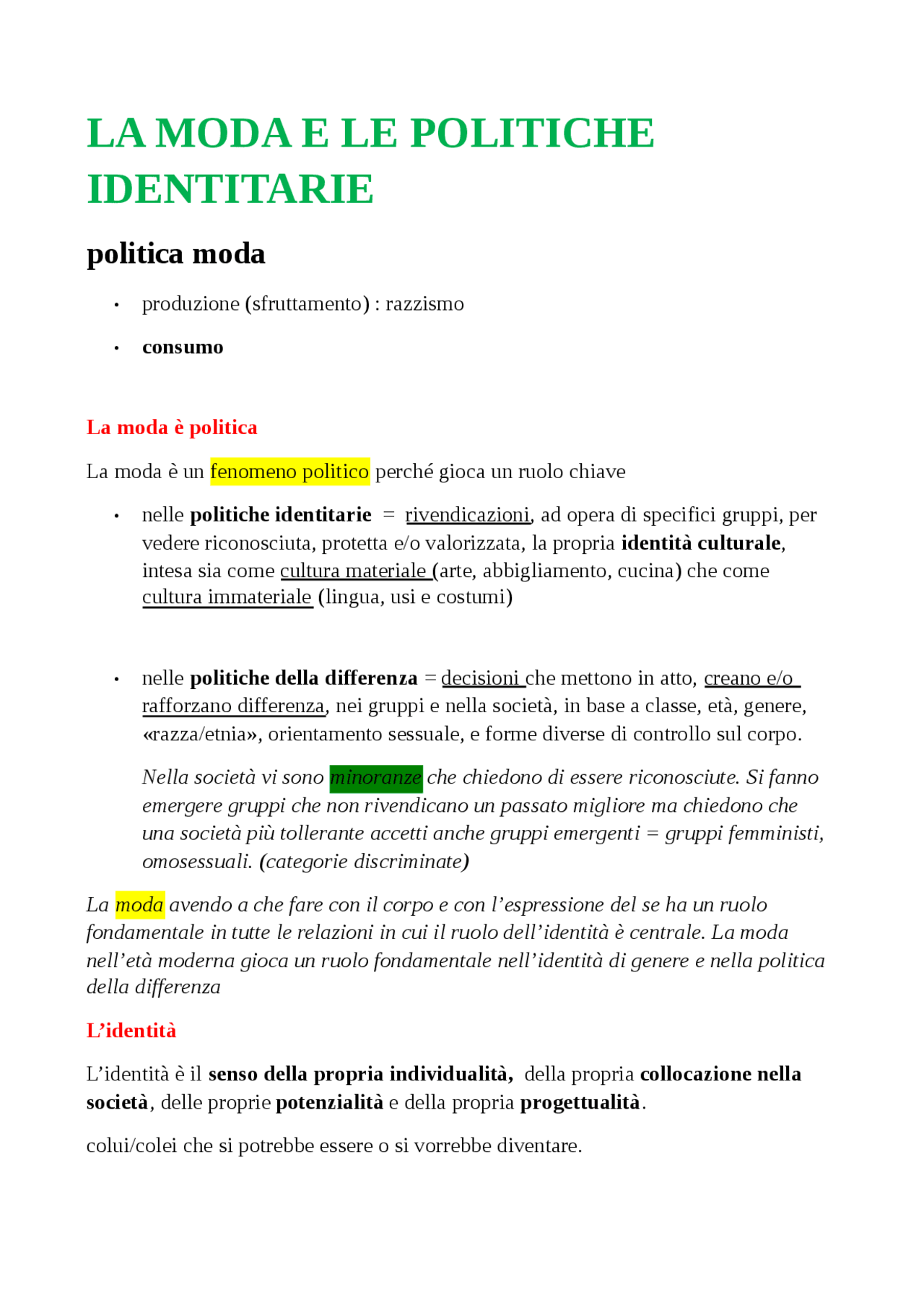 La Moda E Le Politiche Identitarie Docsity