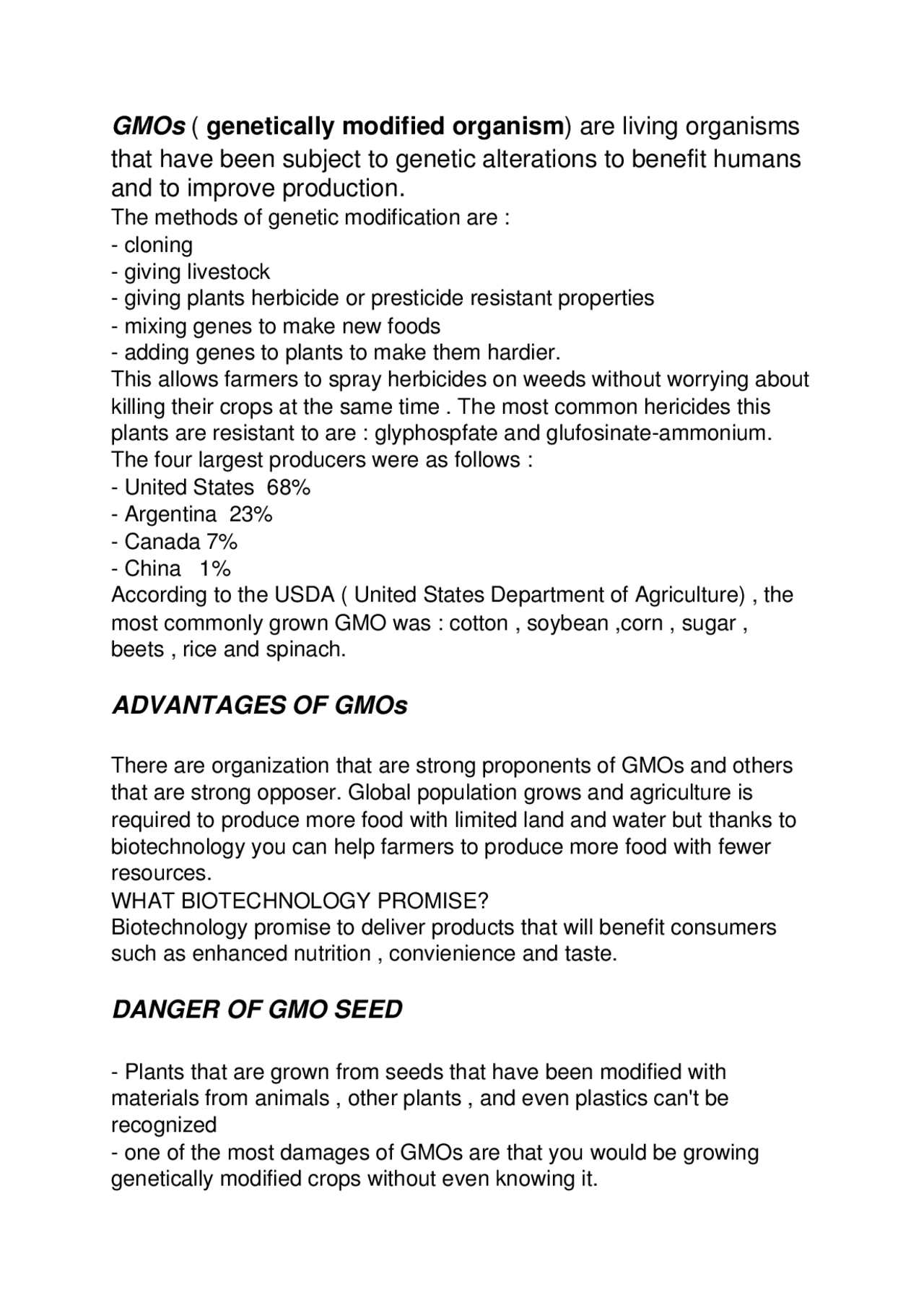 GMO's advantages and danger of gmo's seed - Docsity