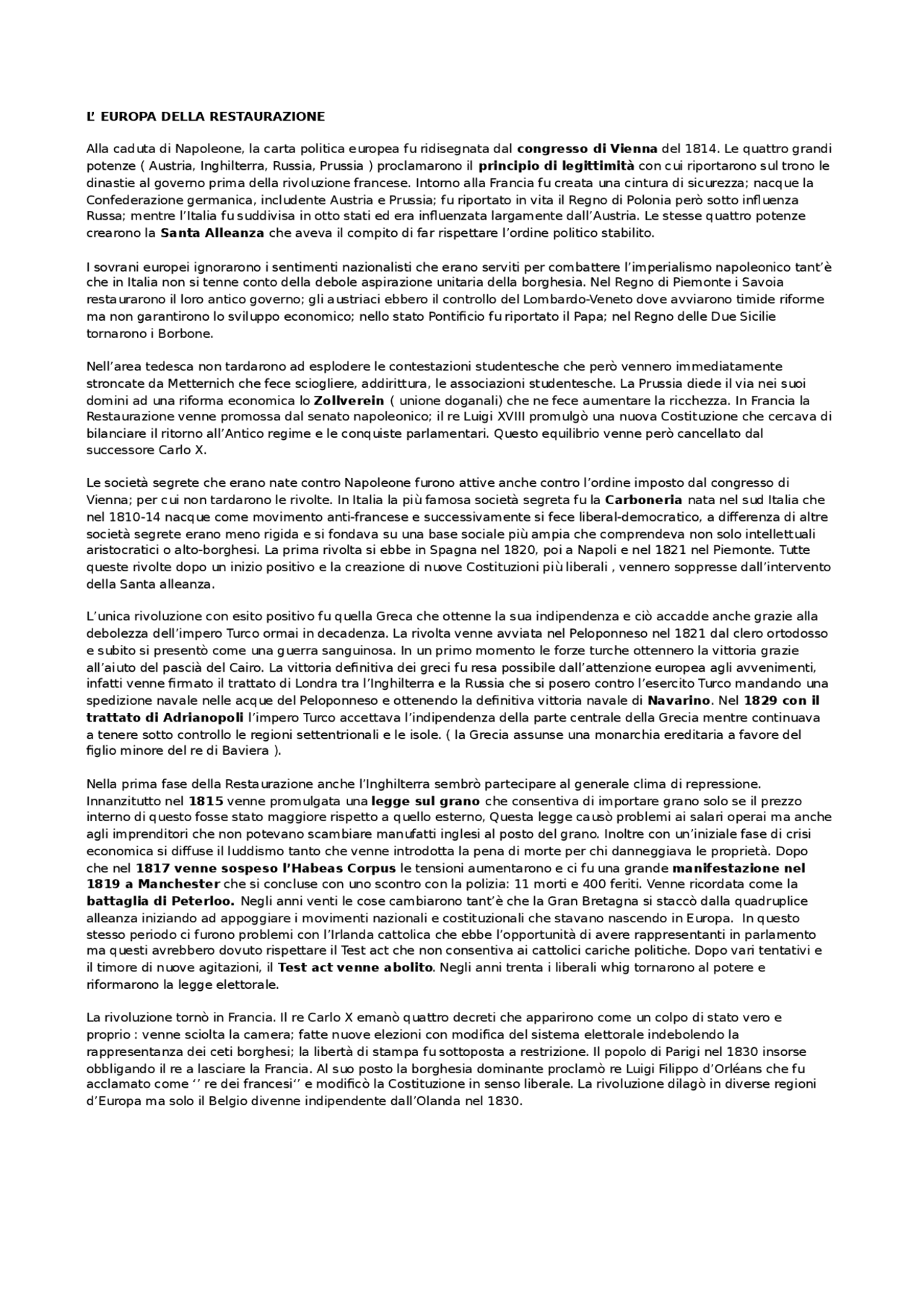 Leuropa Della Restaurazione Docsity