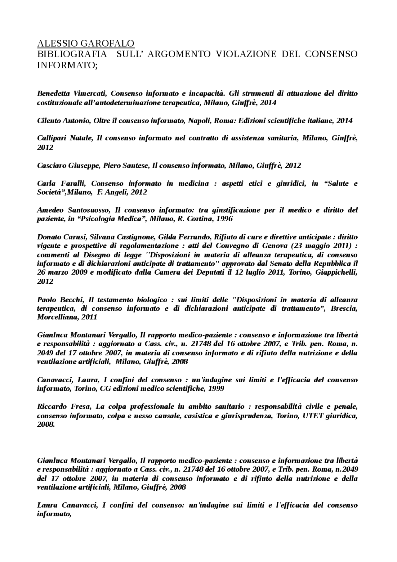 Bibliografia Consenso Informato Docsity