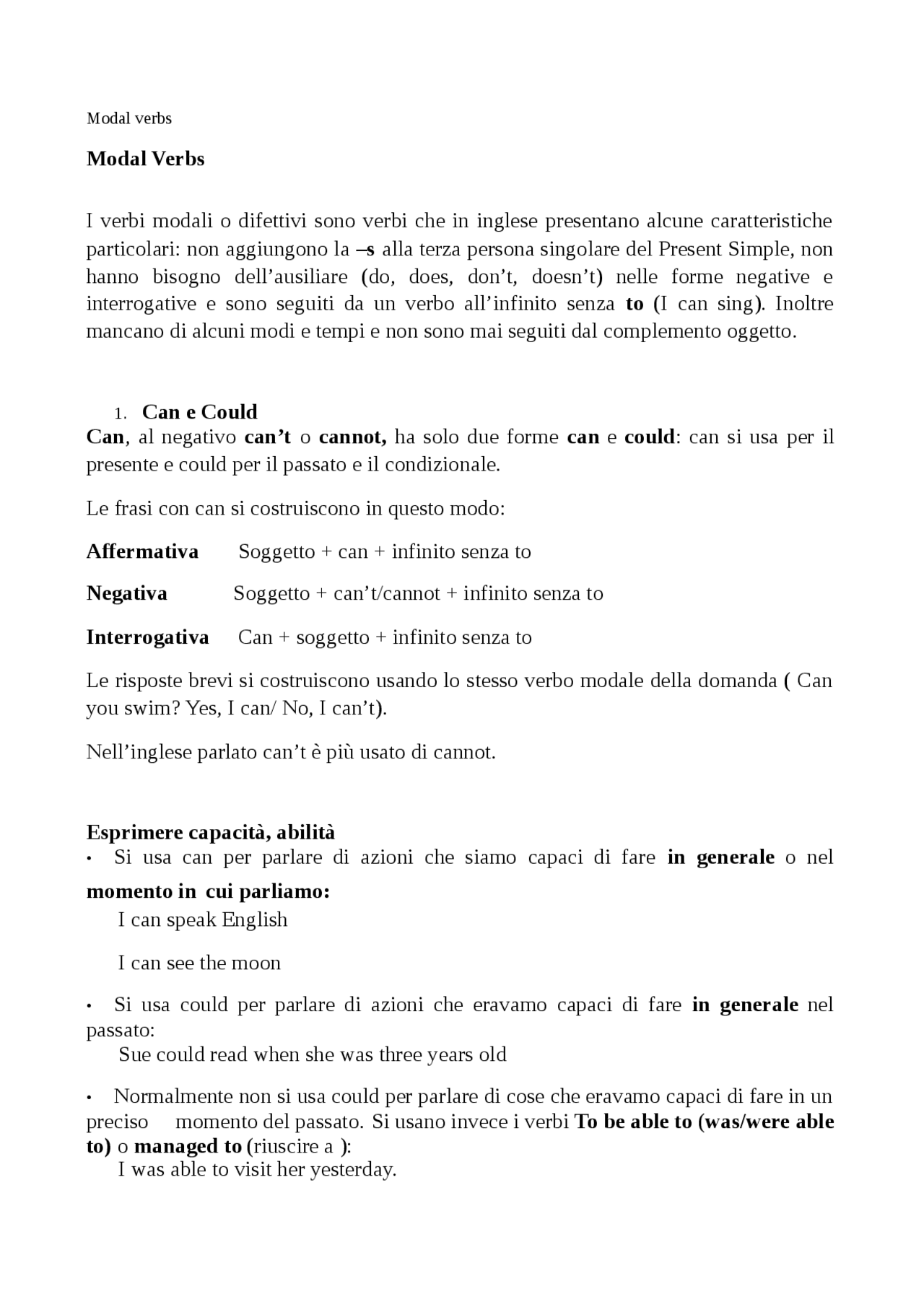 Modal Verbs (verbi modali) | Appunti di Inglese | Docsity