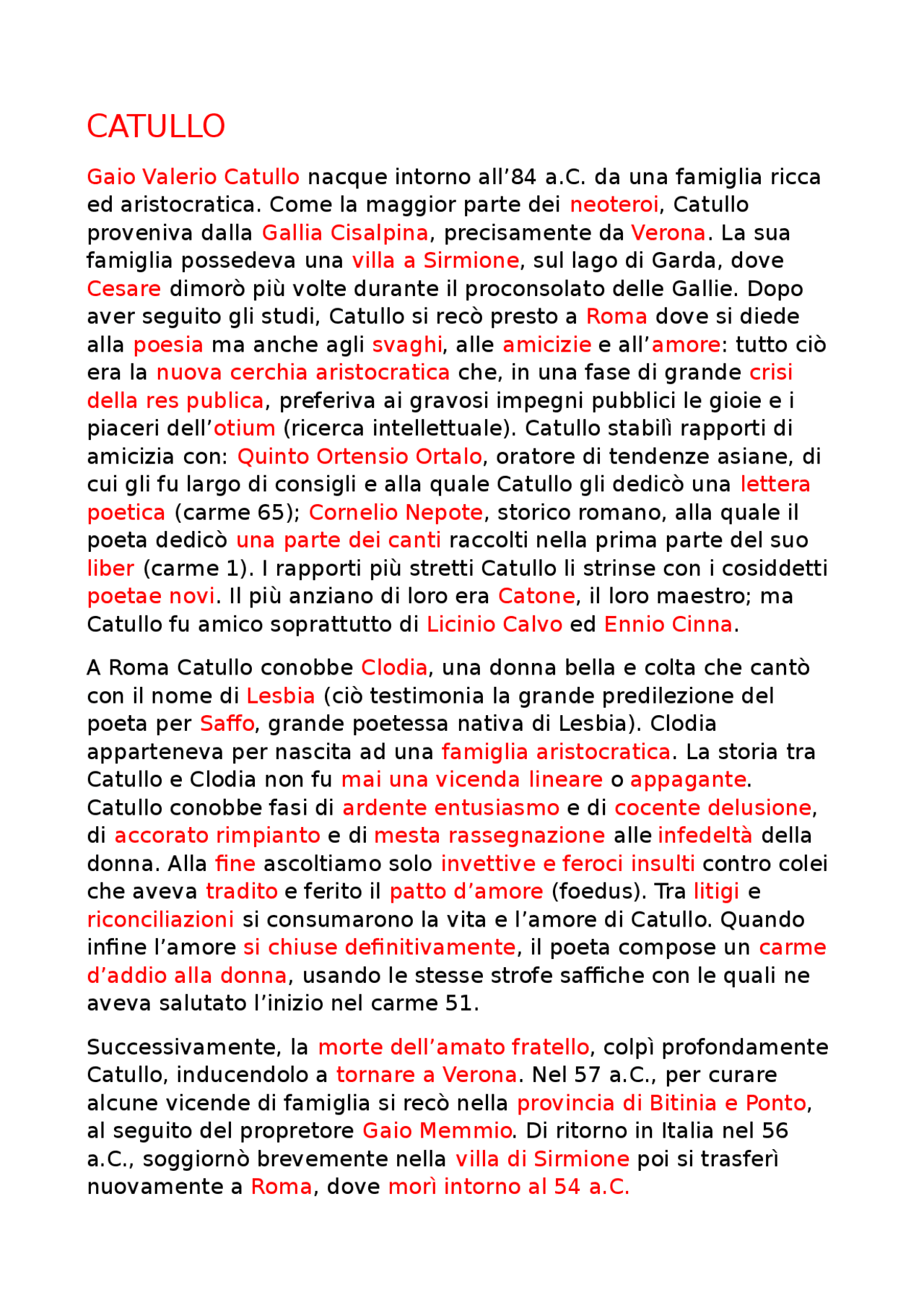 Catullo: vita e opere - Docsity