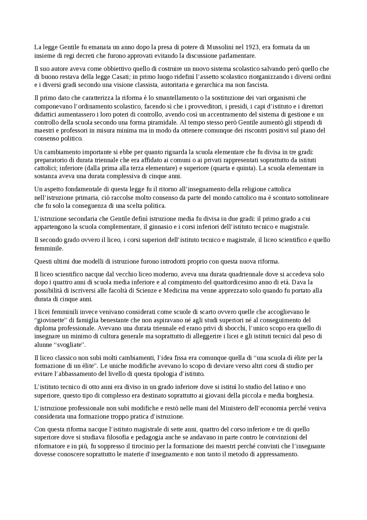 La Riforma Gentile E I Vari Interventi In Ambito Scolastico Docsity