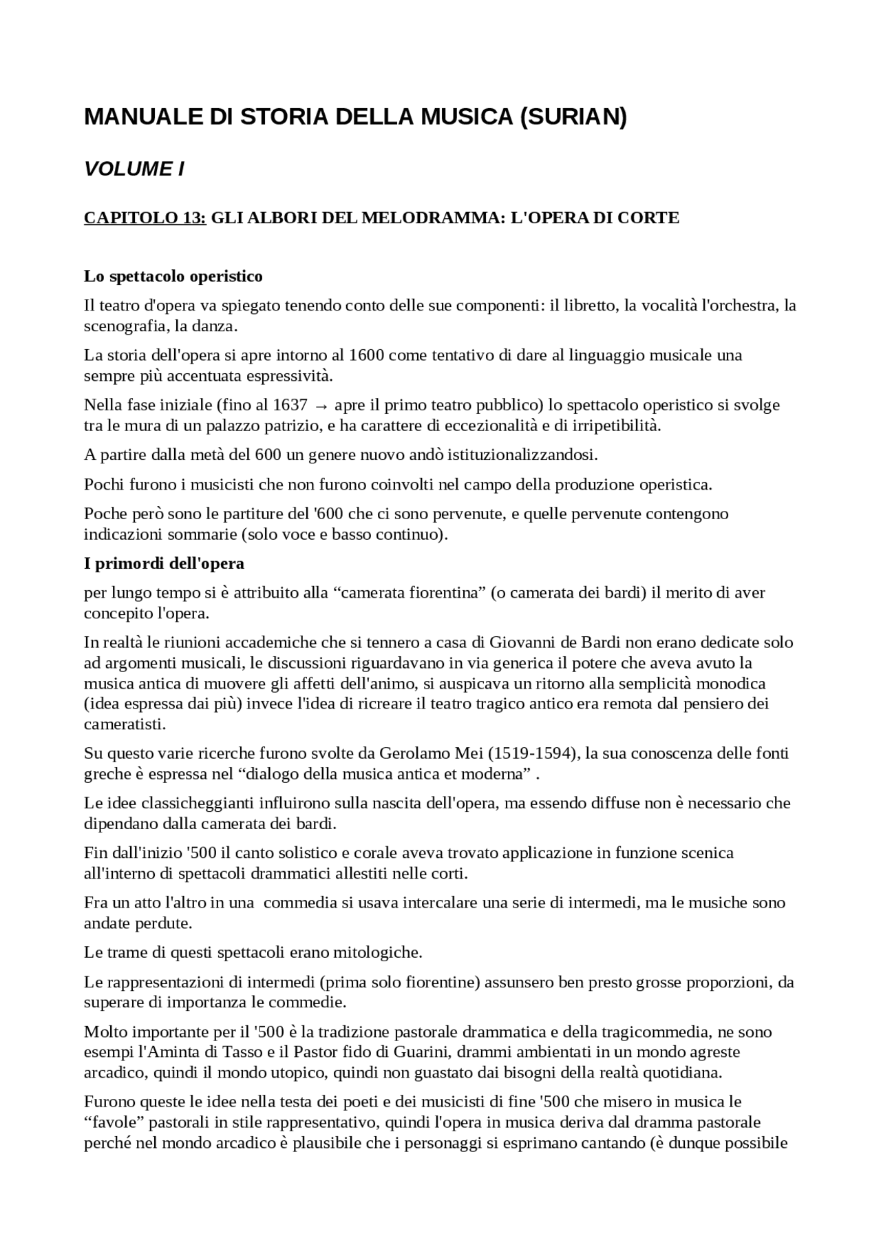 Manuale di storia della musica volume 1 riassunto della parte di storia del melodramma - Docsity