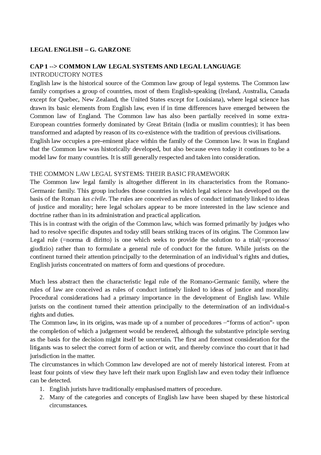 Riassunto Common law legal system - Docsity