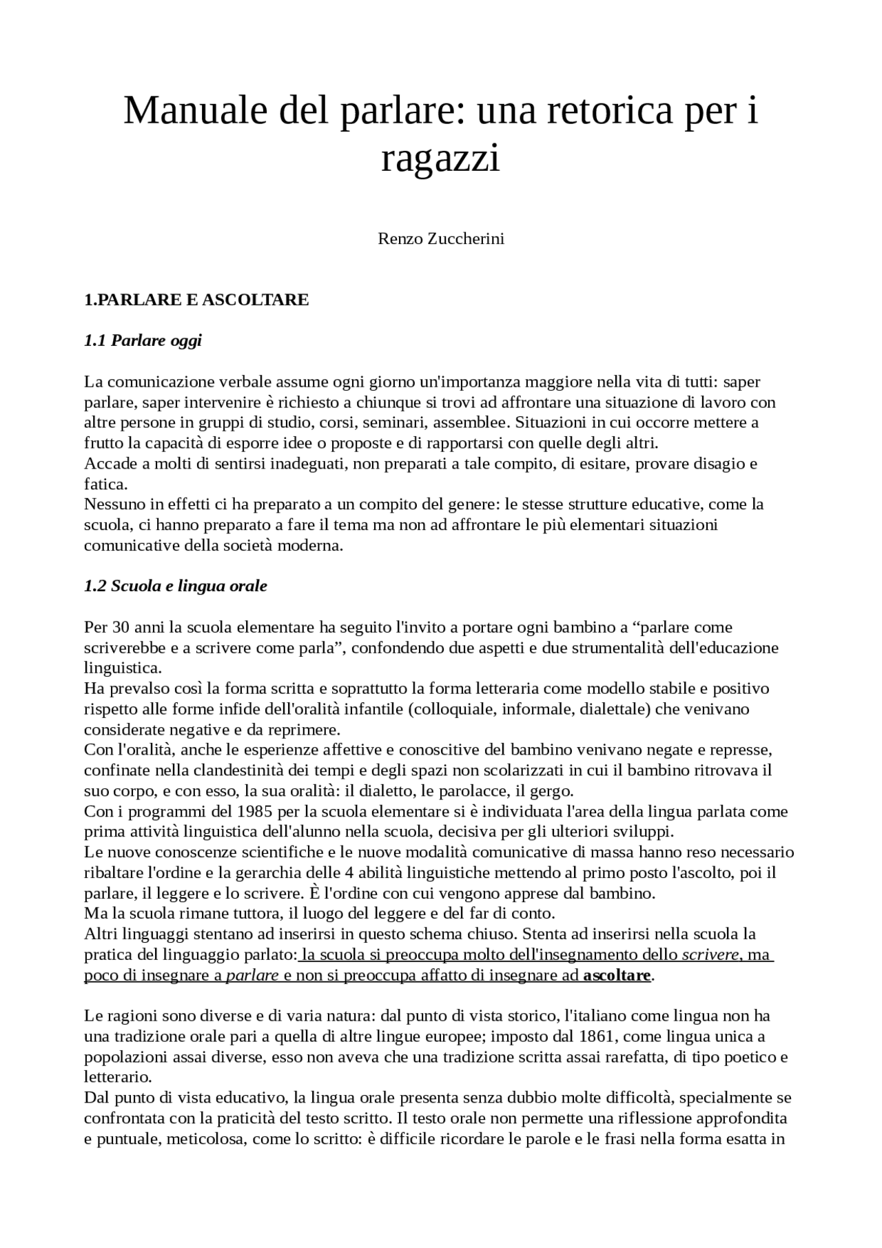 Manuale Del Parlare Una Retorica Per Ragazzi R Zuccherini Docsity